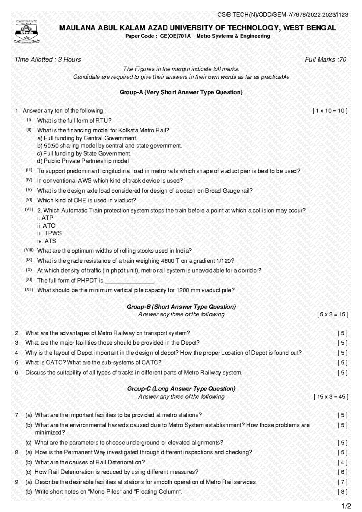 CE(OE)701A Metro Systems & Engineering Final Exam Questions - Studocu