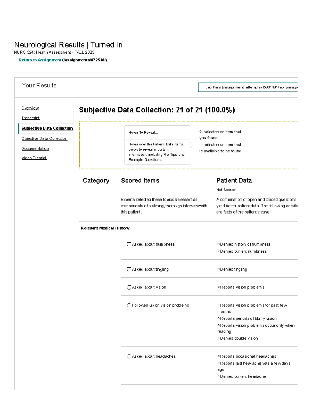 Neurological Subjective Data - NURC 324 Health Assessment Fall 2023 ...