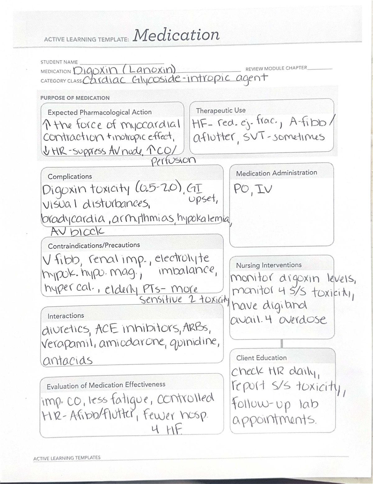 ACTIVE LEARNING TEMPLATE: Digoxin (Lanoxin) Review for Cardiac Agents ...