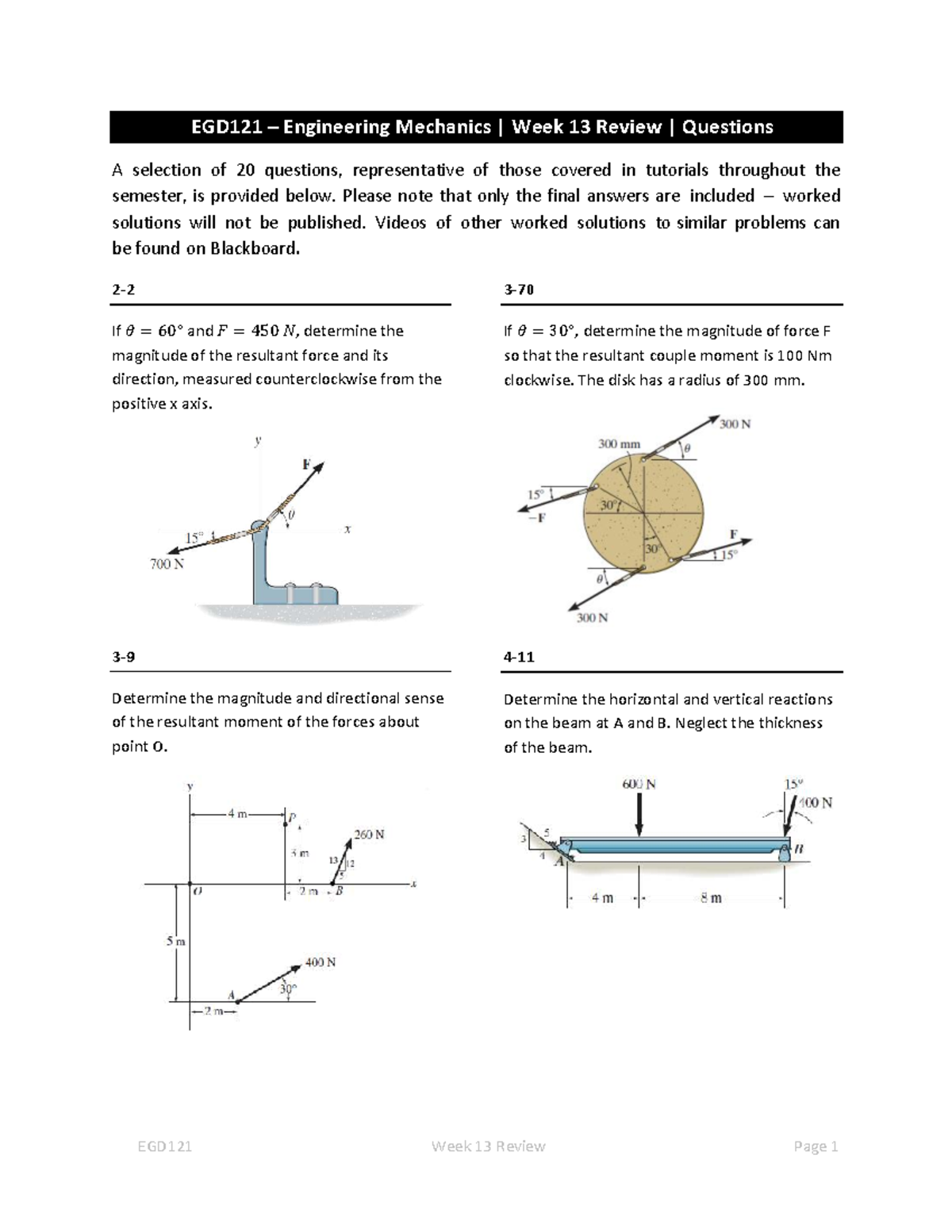 EGD121 Engineering Mechanics Week 13 Exam Review Questions - Studocu