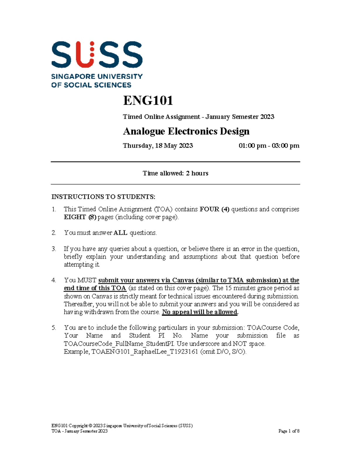 ENG101 Timed Online Assignment: Analogue Electronics Design - Jan 2023 ...