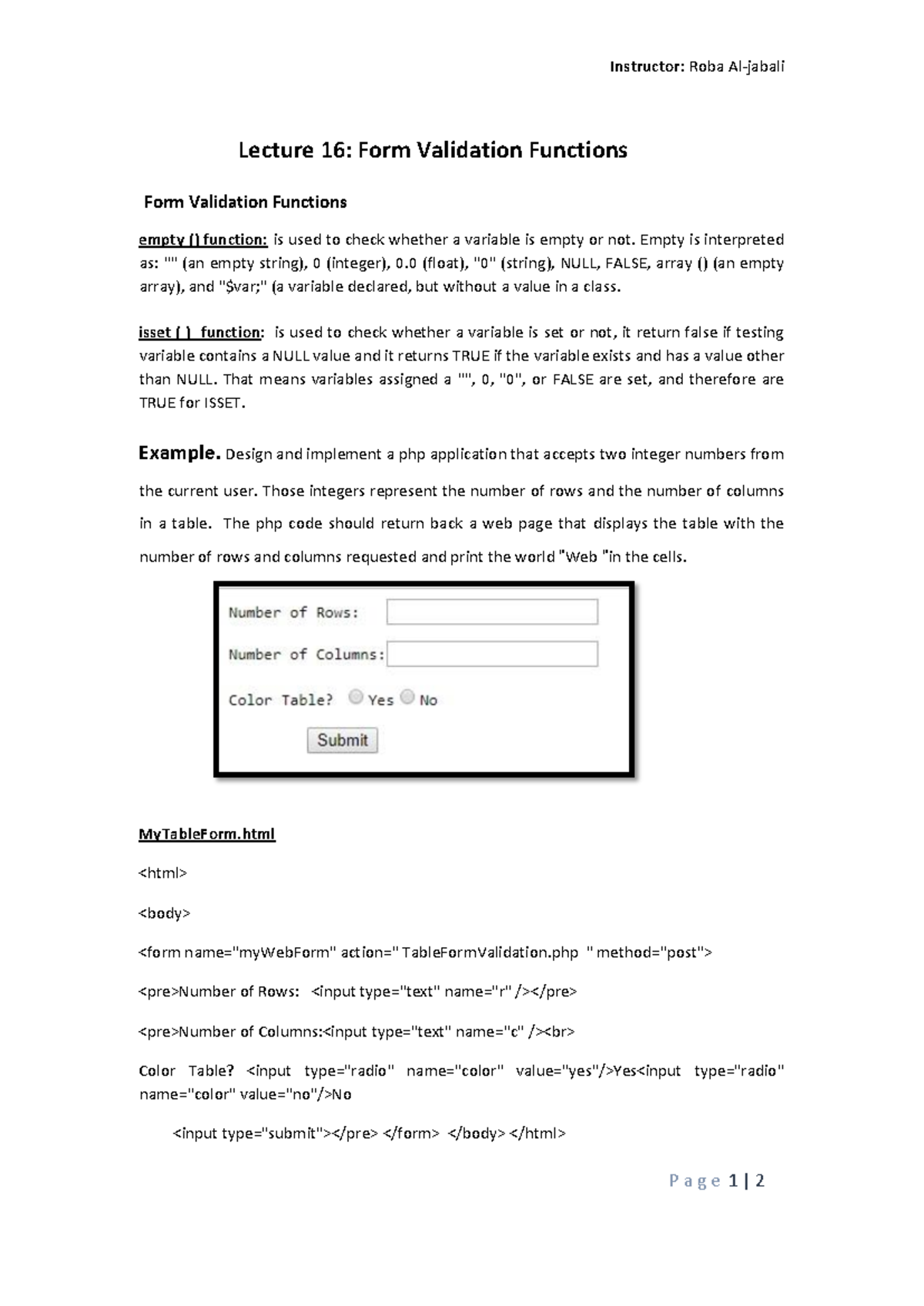 Lecture 16: Form Validation Functions in PHP - Instructor Roba Al ...
