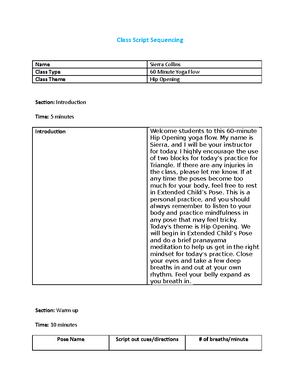 Class Script Sequencing 1 Example - Class Script Sequencing Name Sierra Collins Class Type 60 ...