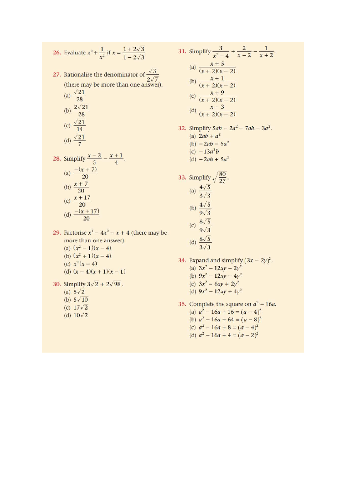 Algebra and Surds: Exercises and Solutions (Course Code: 26) - Studocu