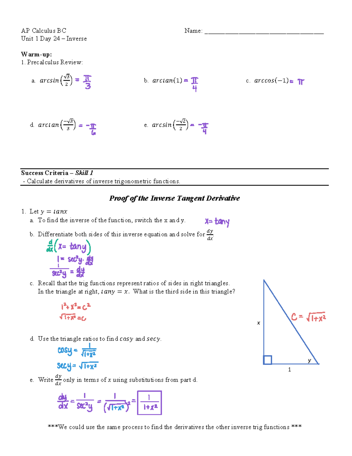 AP Calculus AB Skill Builder: Derivatives of Inverse Trig Functions ...