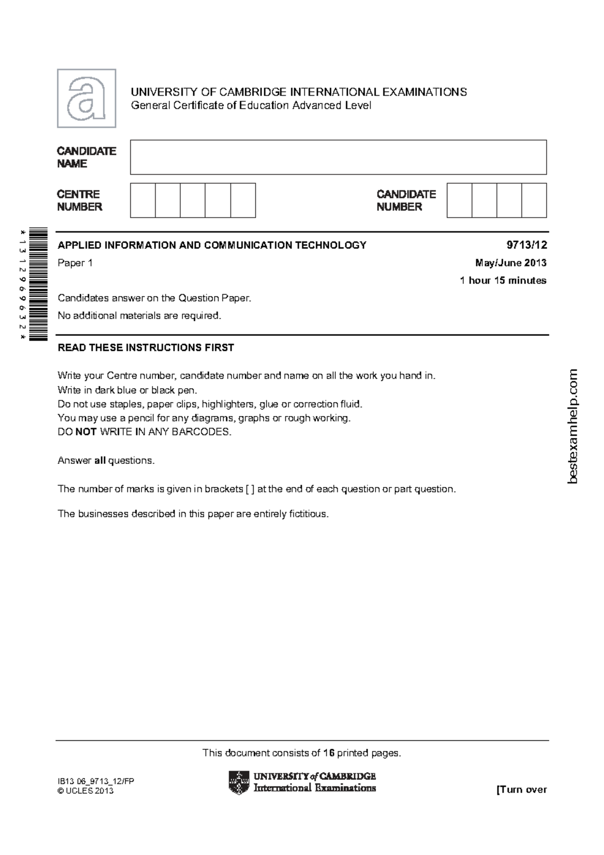 9713/12/13 Paper 1: Applied ICT Exam Questions and Scenarios - Studocu