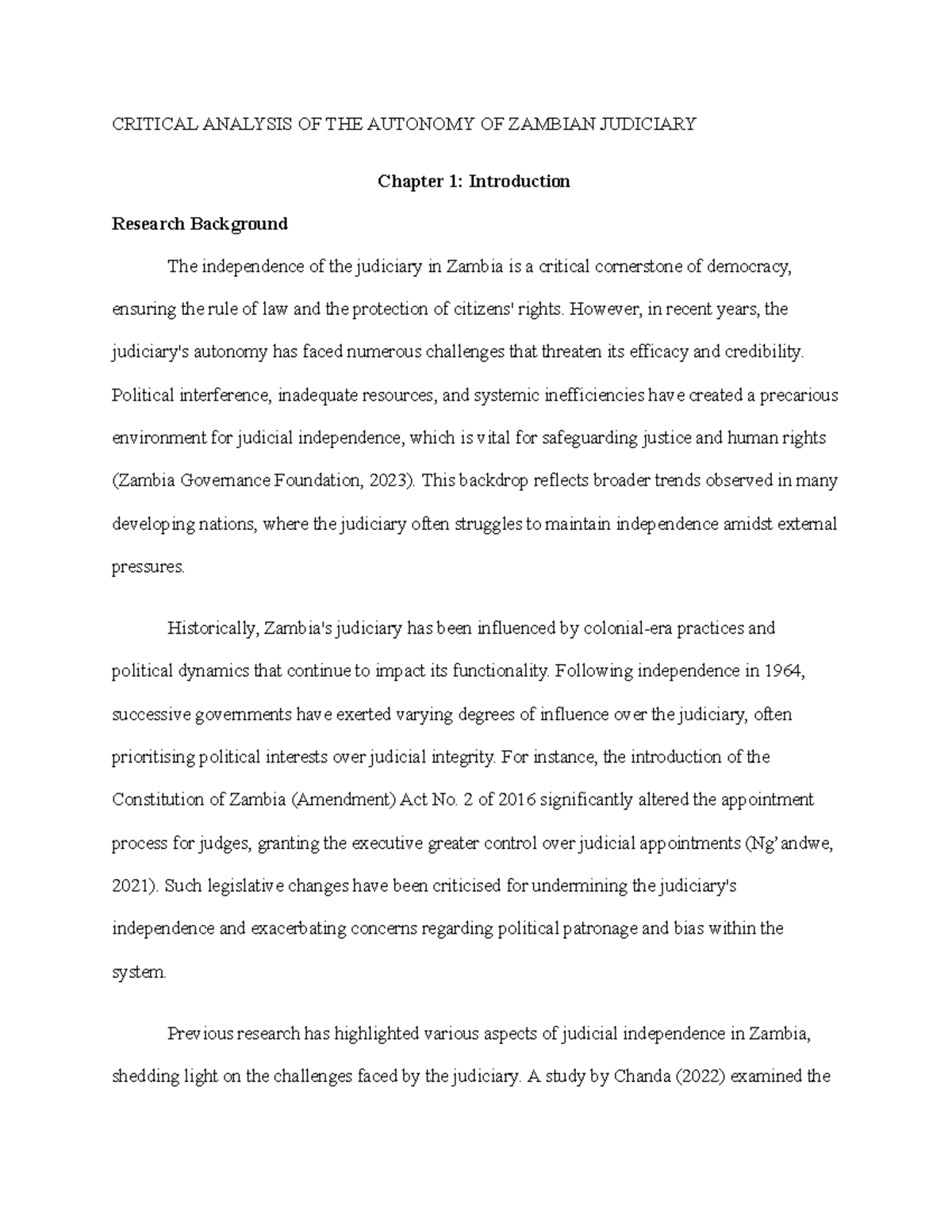 CRITICAL ANALYSIS OF JUDICIAL AUTONOMY IN ZAMBIA: CHAPTER 1 ...