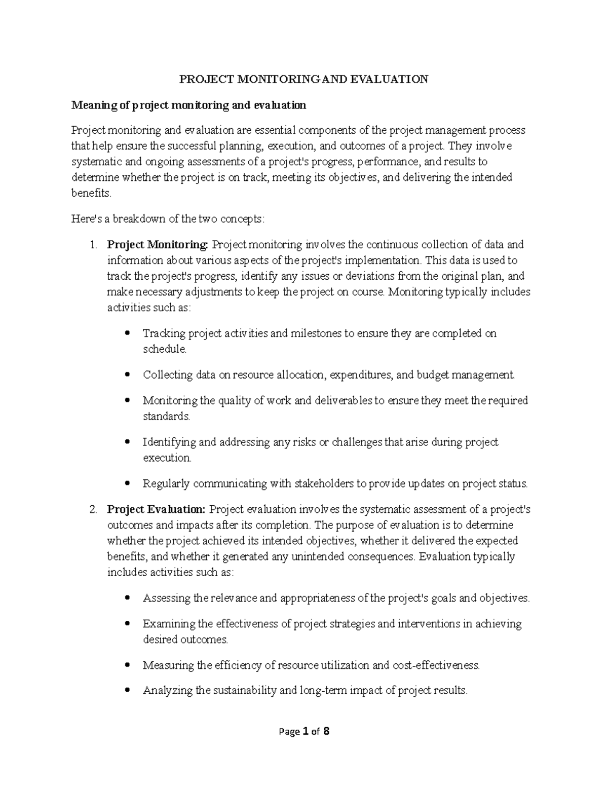 Project Monitoring AND Evaluation - PROJECT MONITORING AND EVALUATION ...