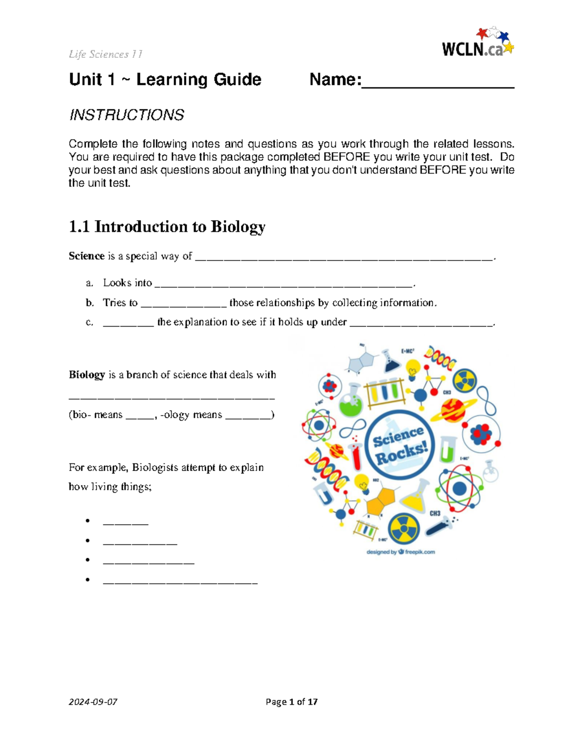 Life Sciences 11 Unit 1 Learning Guide: Key Concepts in Biology - Studocu