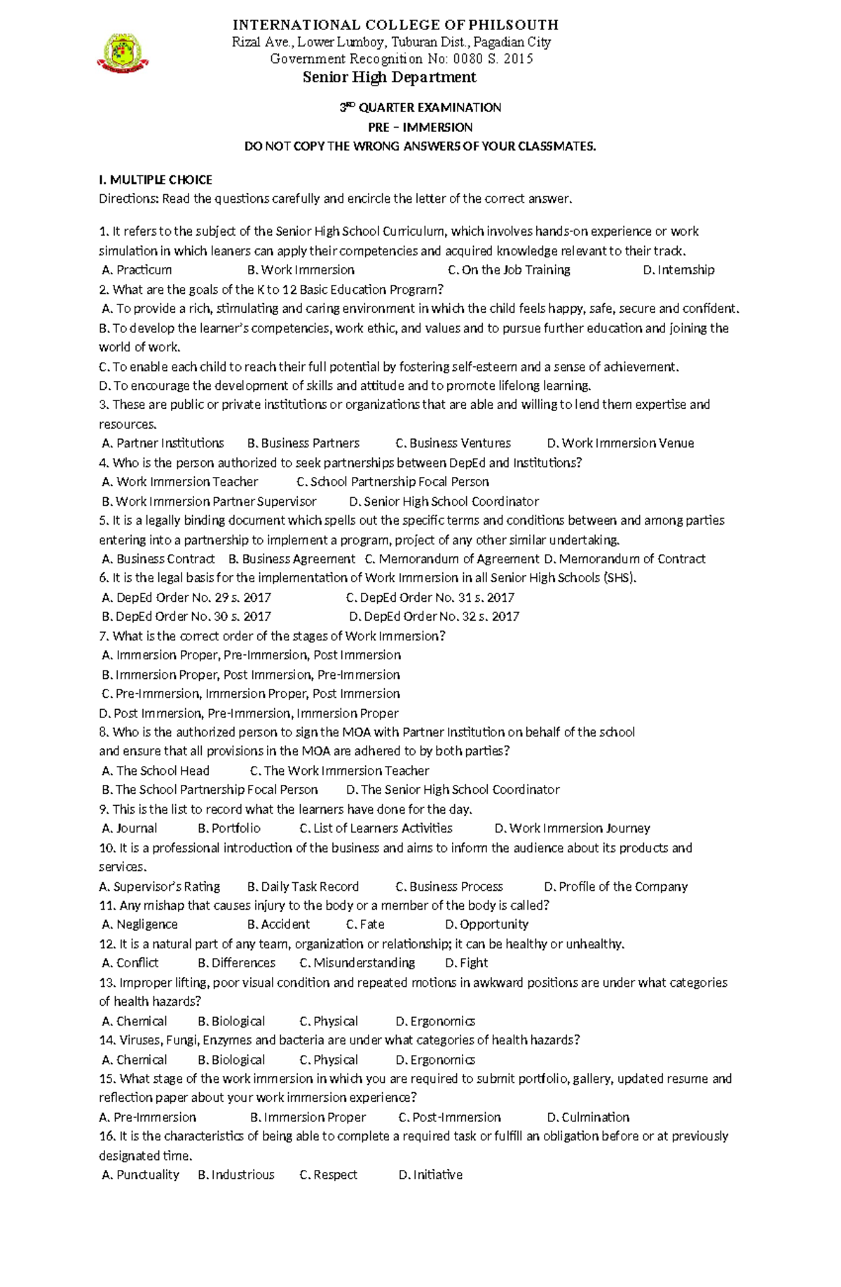 3RD Quarter Examination: Work Immersion Quiz Study Guide - Studocu