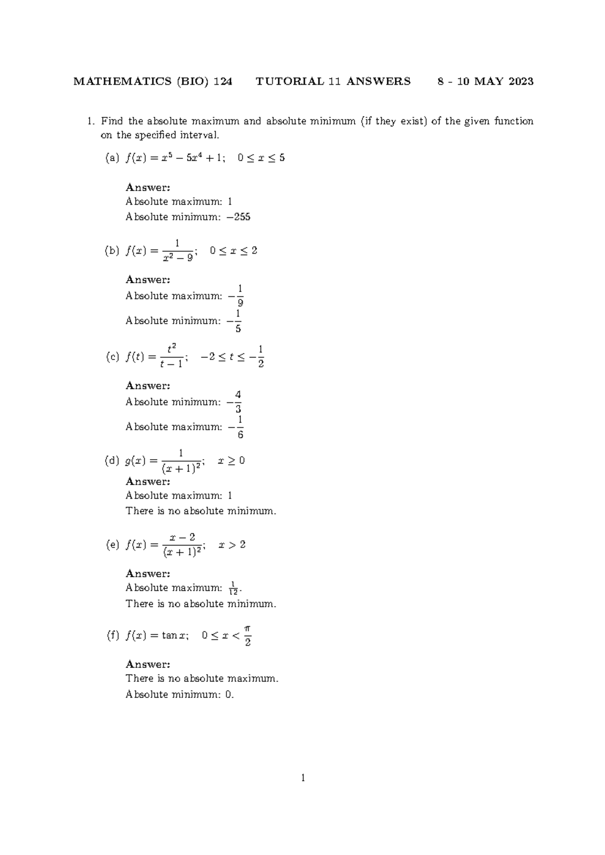 Tut 11 Answers - MATHEMATICS (BIO) 124 TUTORIAL 11 ANSWERS 8 - 10 MAY ...