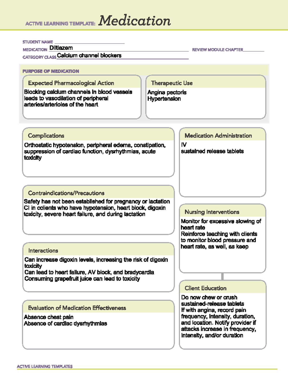 Diltiazem - ATI Pharm sheet - ACTIVE LEARNING TEMPLATE: Me dication ...