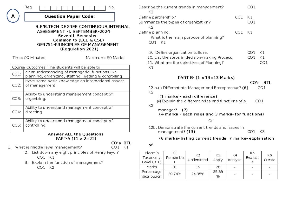 GE3751 - POM SET A - Question Paper for Principles of Management - Studocu