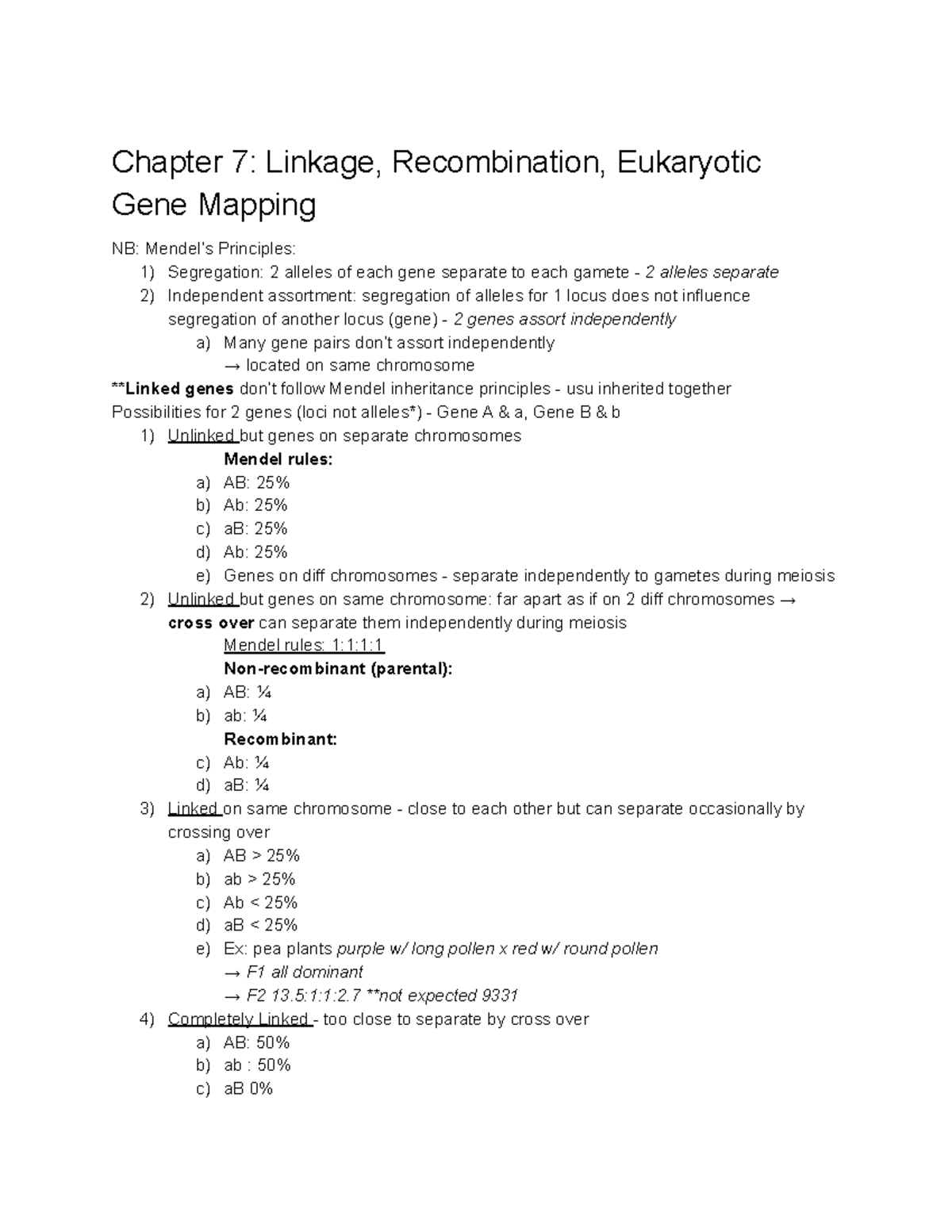 Genetics Unit 2 - Professor: Dr. Zhang - Chapter 7: Linkage ...