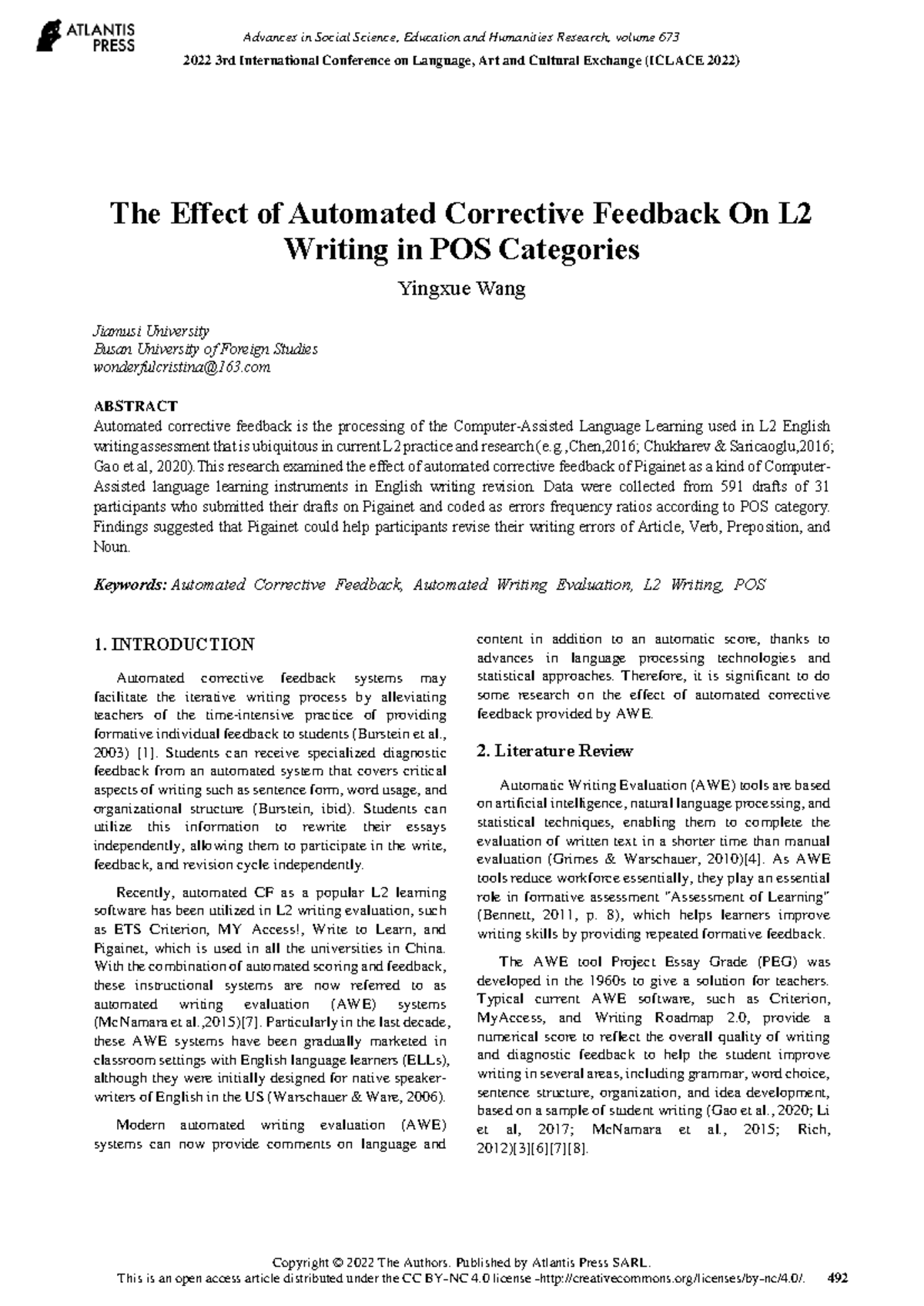 The Effect of Automated Corrective Feedback on L2 Writing: ICLACE 2022 ...