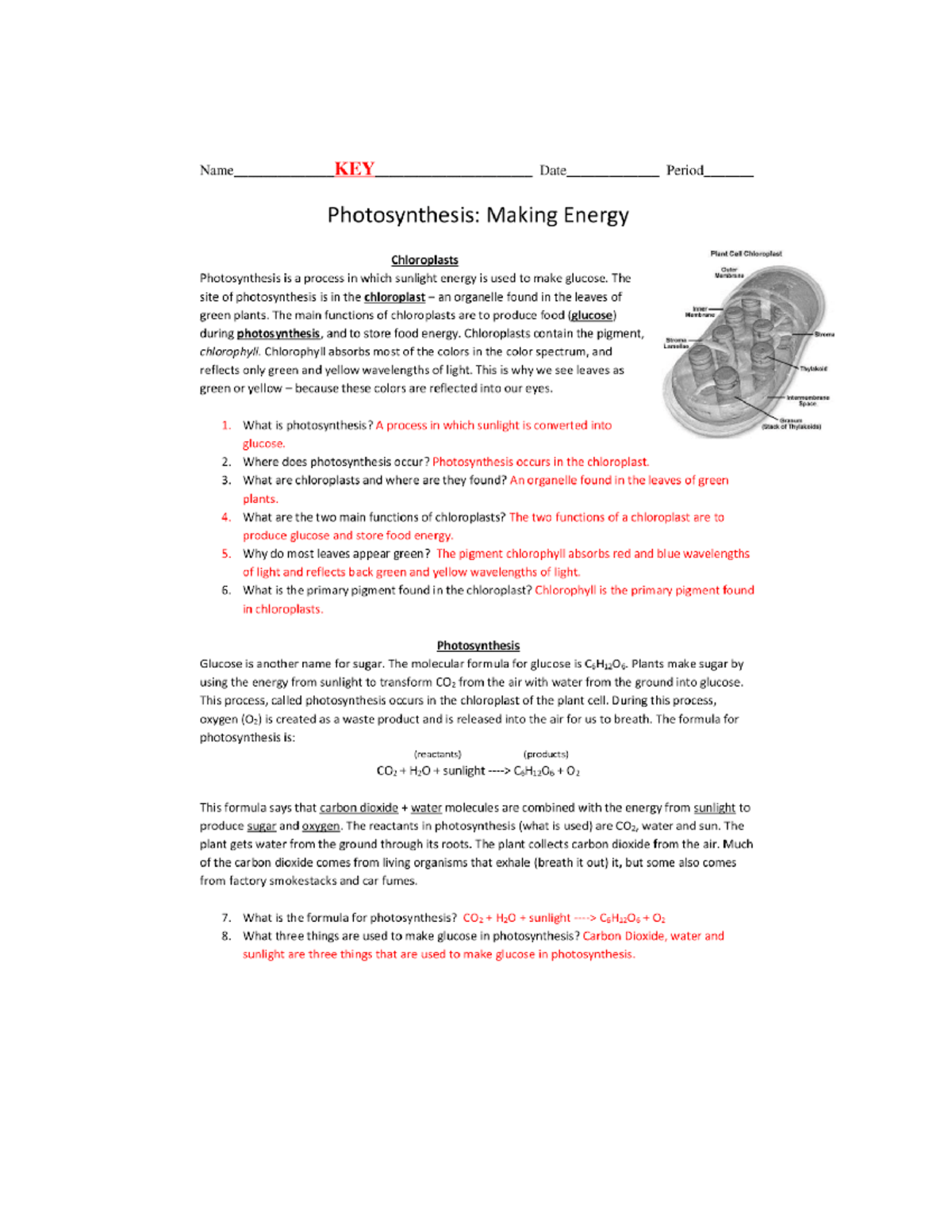 Photosynthesis: Energy Production Overview & Worksheet with Key - Studocu