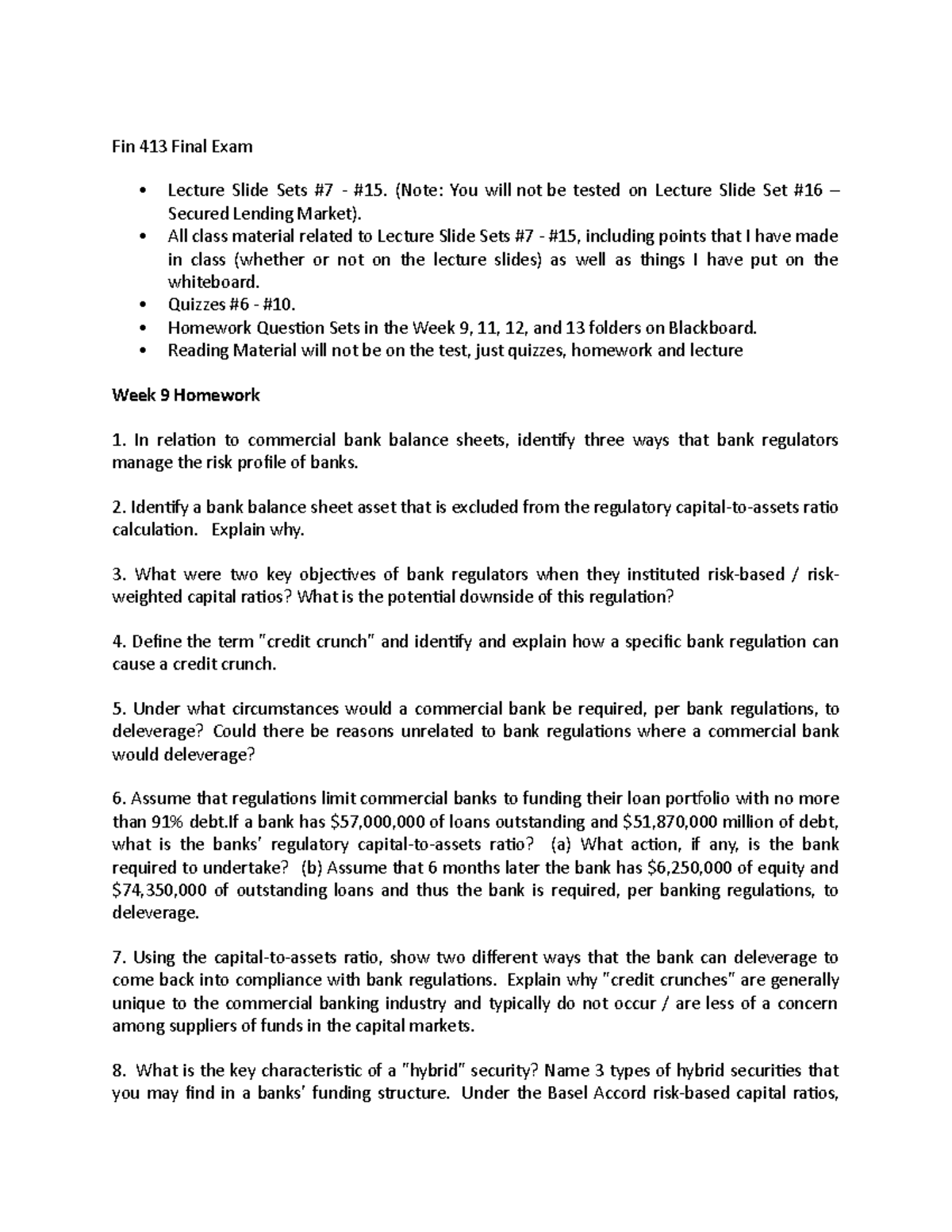 Fin 413 Final Exam Review: Essential Lecture Notes and Homework ...