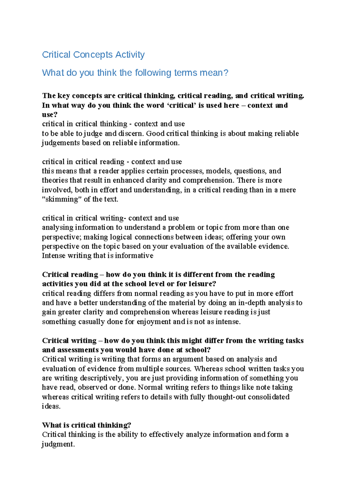 Critical Thinking Concepts: Understanding Reading and Writing Skills ...