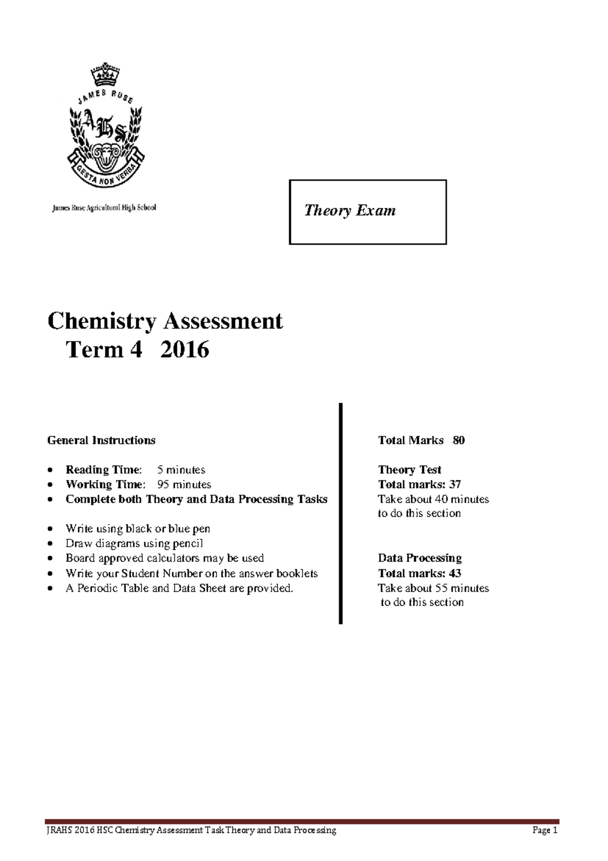 JRAHS 2016 HSC Chemistry Theory Exam & Data Processing Solutions - Studocu