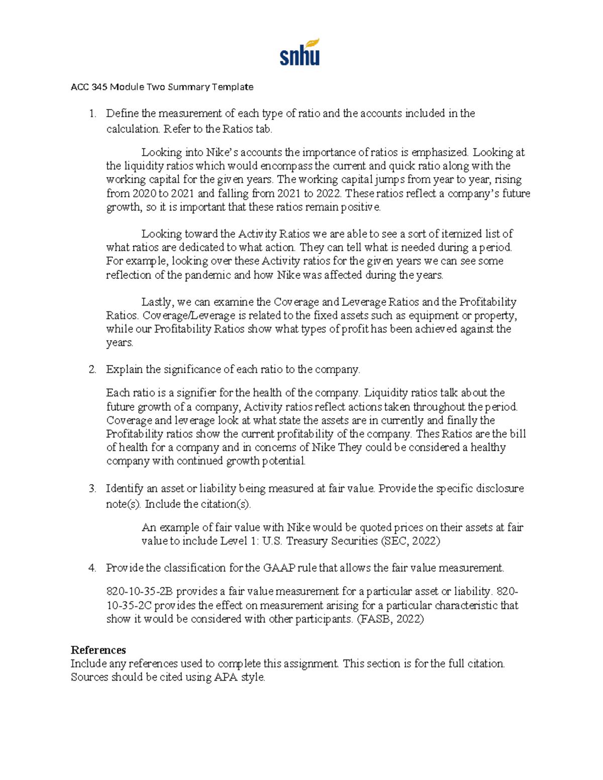 ACC 345 Module Two Summary on Financial Ratios and Fair Value - Studocu