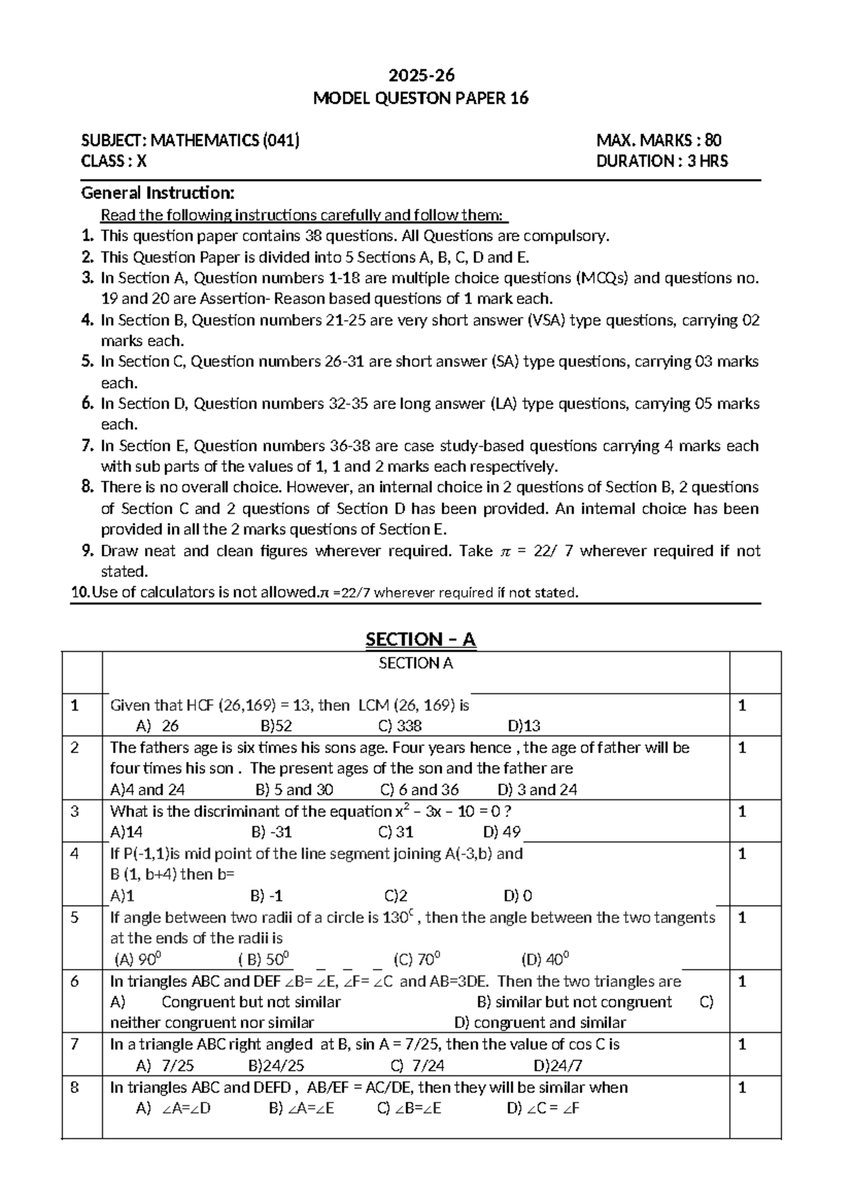 Sample Paper 16 - Mathematics (041) Class X - Max Marks 80 - Studocu
