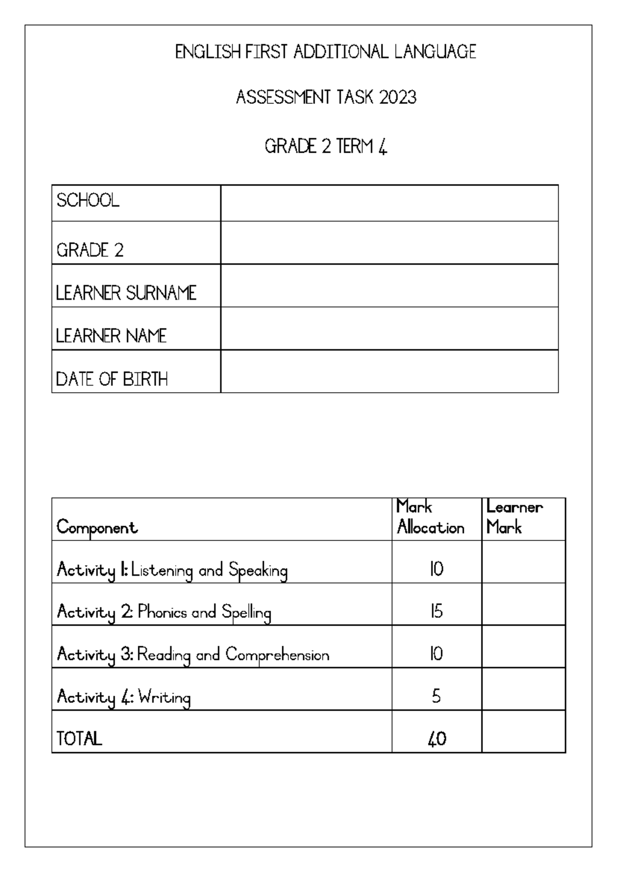 EFAL Grade 2 Term 4 Assessment Task 2023 - Studocu