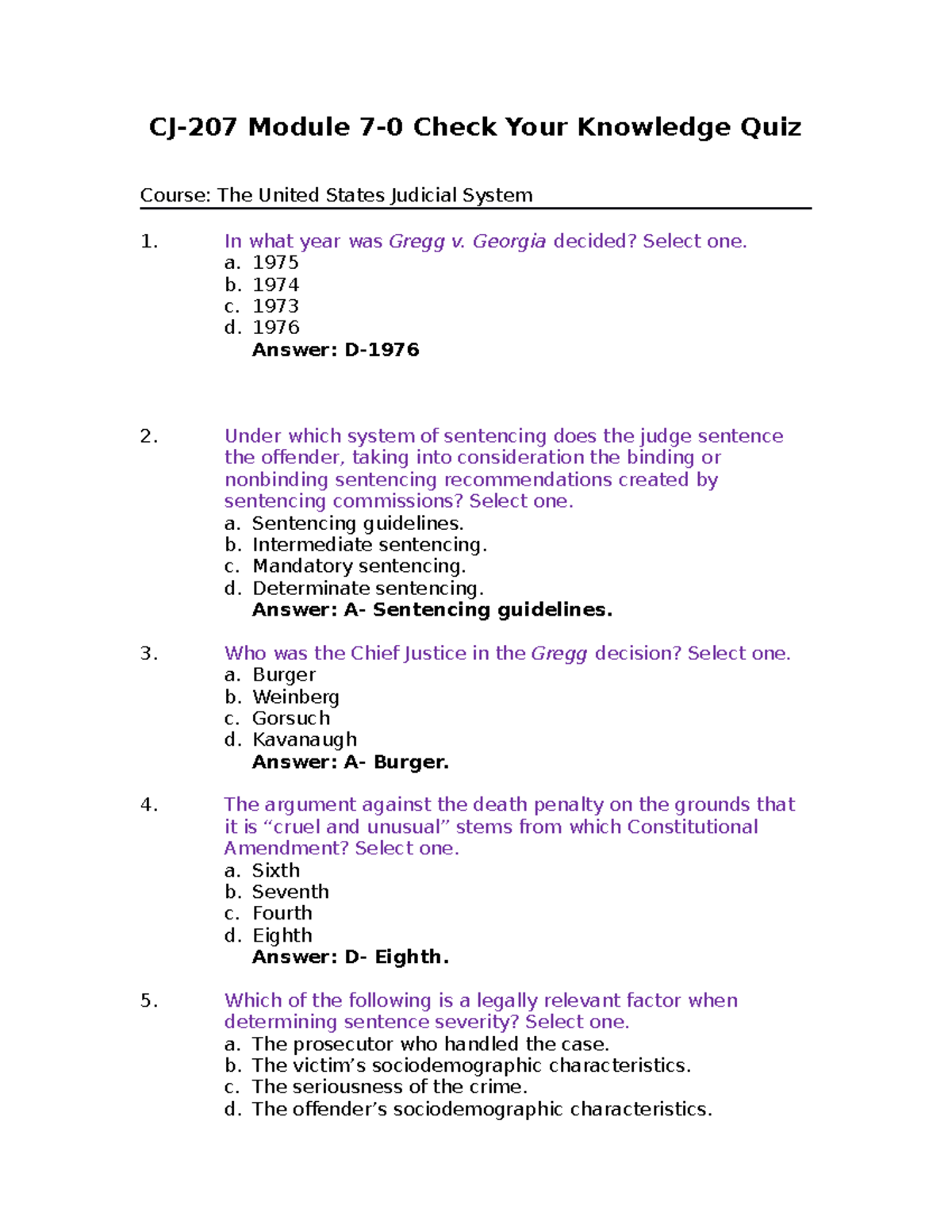 CJ 207 7-0 CYK Quiz - Check Your Knowledge Quiz for Module 7 - CJ-207 ...
