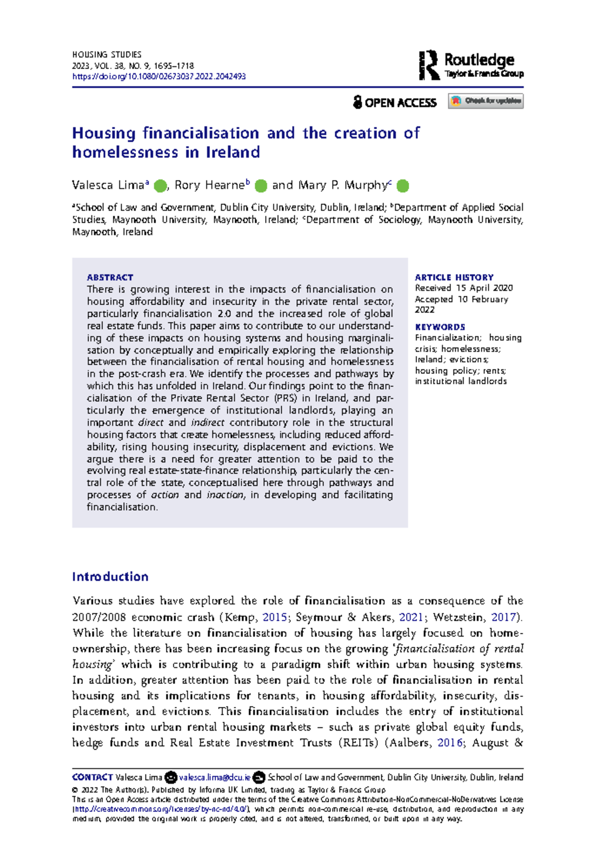 Housing Studies 2023: Financialisation and Homelessness in Ireland ...