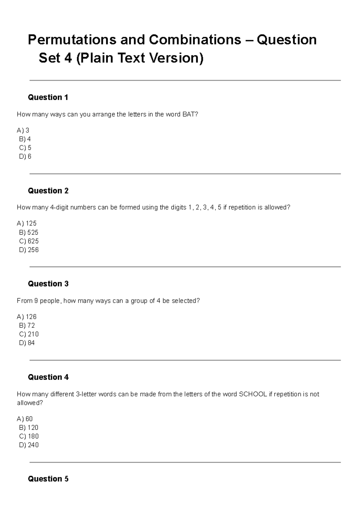 Permutations & Combinations: Question Set 4 (Plain Text) - Studocu