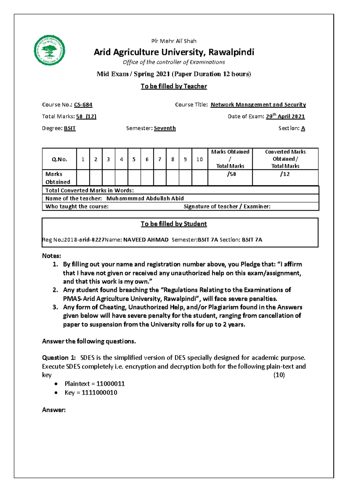 INS BSIT 7A Midterm Exam Paper - Network Management & Security - Studocu