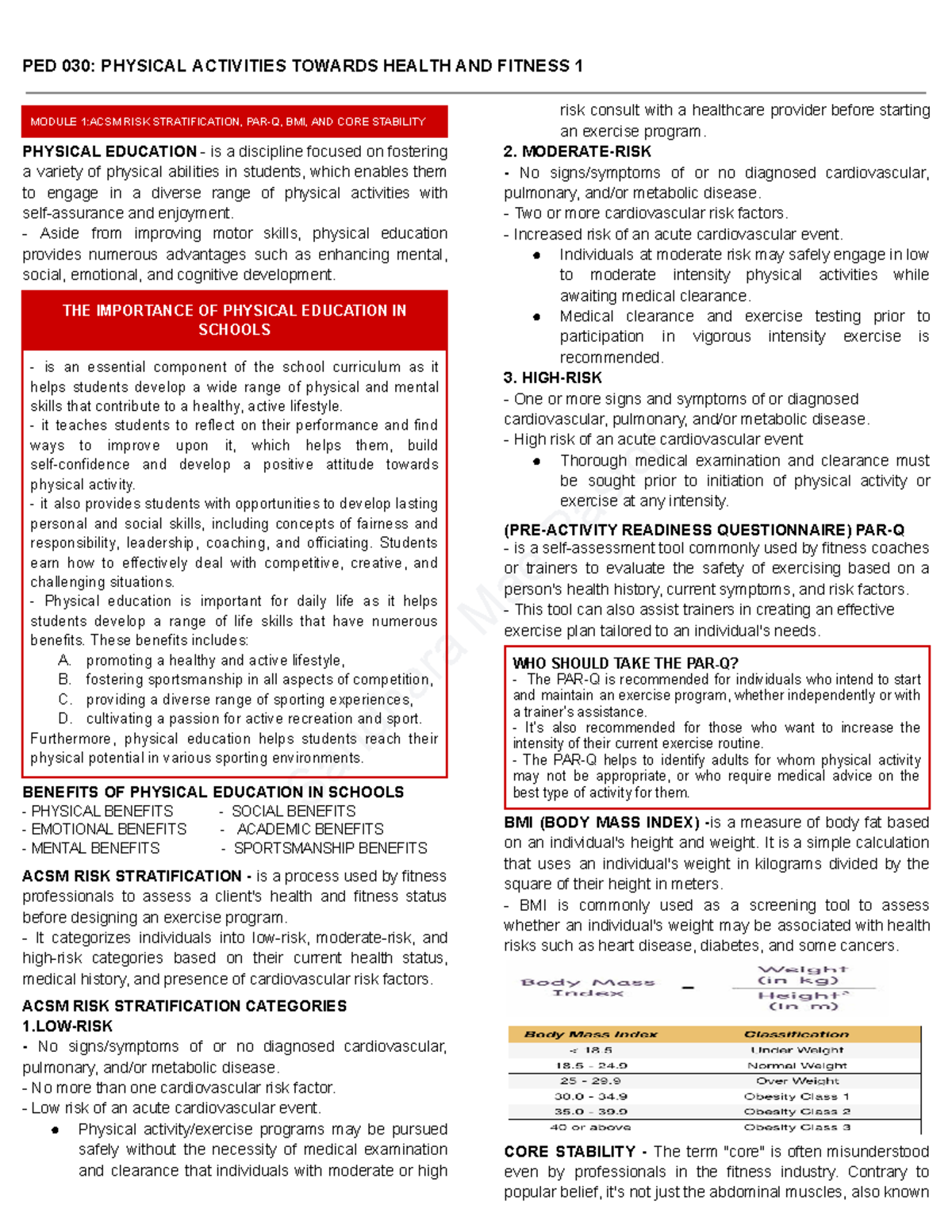 PED-030 - P1 reviewer - Sandhara Mae Pastor MODULE 1:ACSM RISK STRATIFICATION, PAR-Q, BMI, AND ...