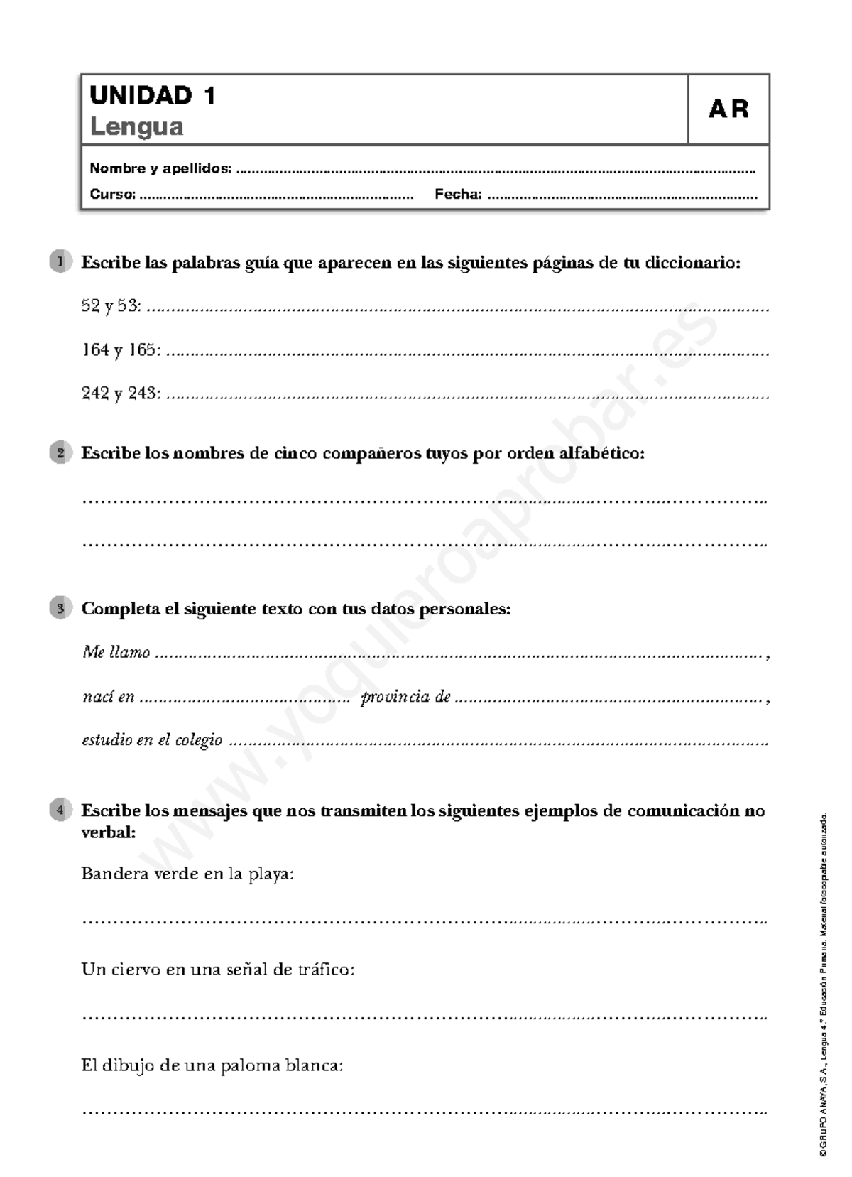 UNIDAD 1-10 Lengua 4.º Primaria - Ejercicios y Actividades Anaya - Studocu