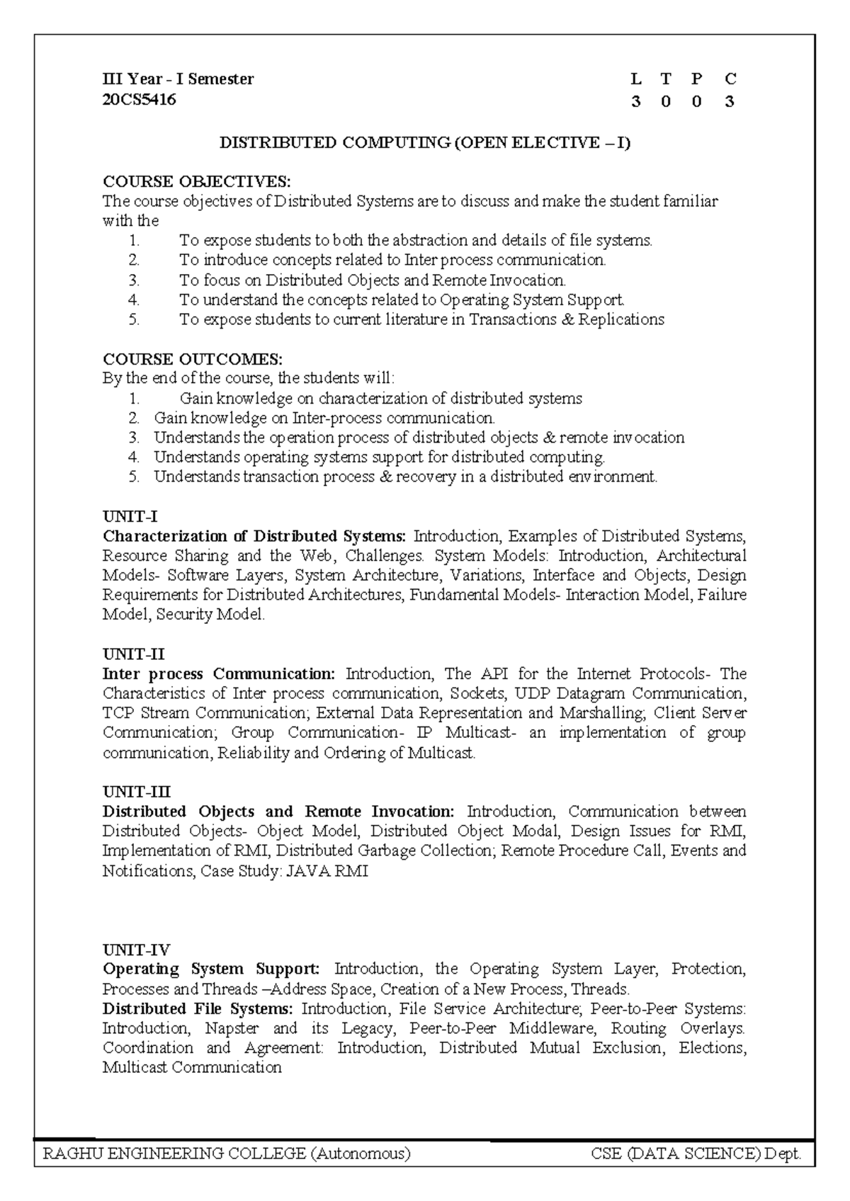 20CS5416 - Distributed Computing Syllabus and Course Outline - Studocu