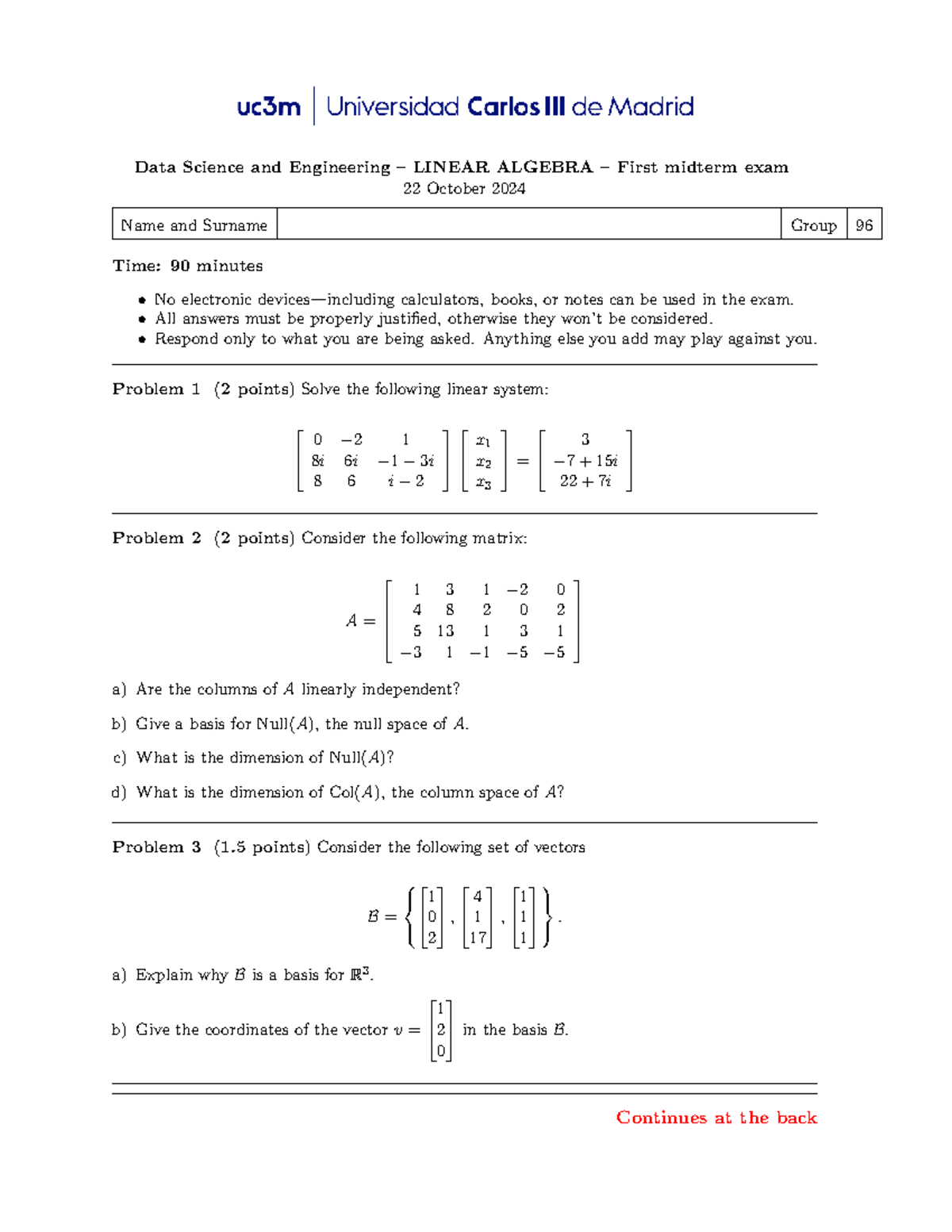 Midterm Exam 16266: Linear Algebra - Data Science and Engineering - Studocu
