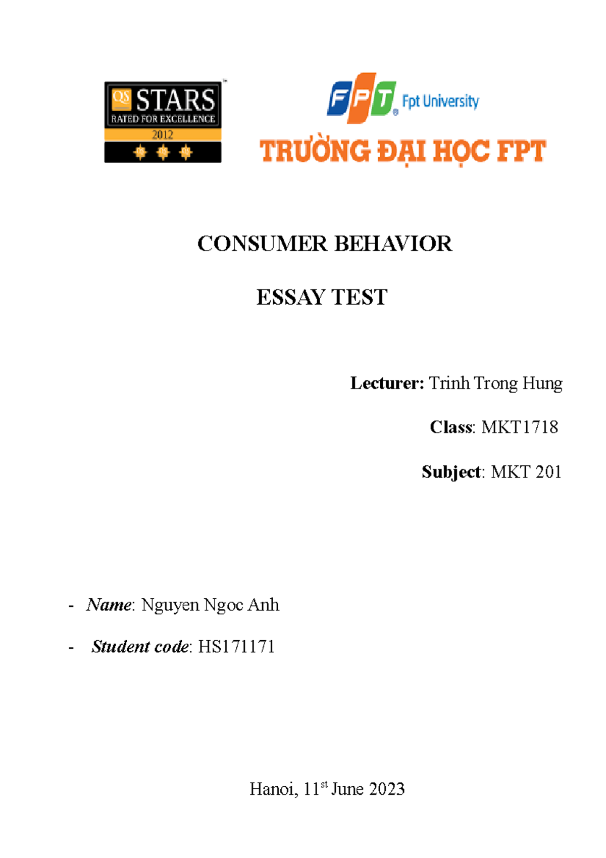 Essay MKT201 - dfdb - CONSUMER BEHAVIOR ESSAY TEST Lecturer: Trinh ...