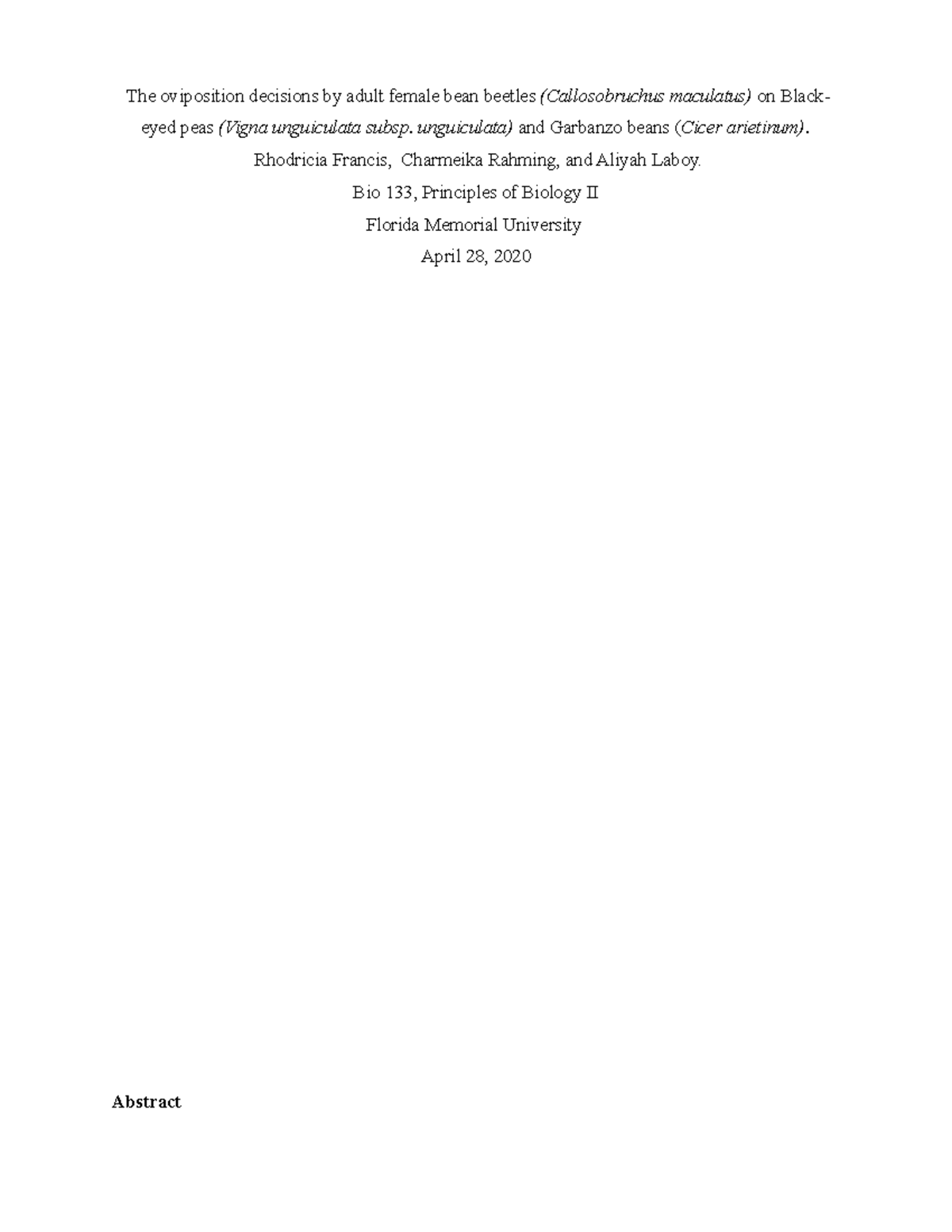 Biology Bean Beetle Lab- final draft - The oviposition decisions by ...