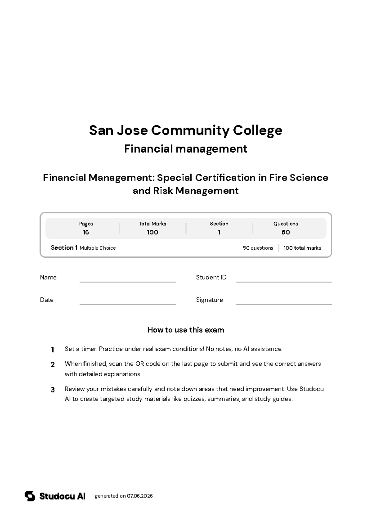 Final Exam: Financial Management in Fire Science - Studocu