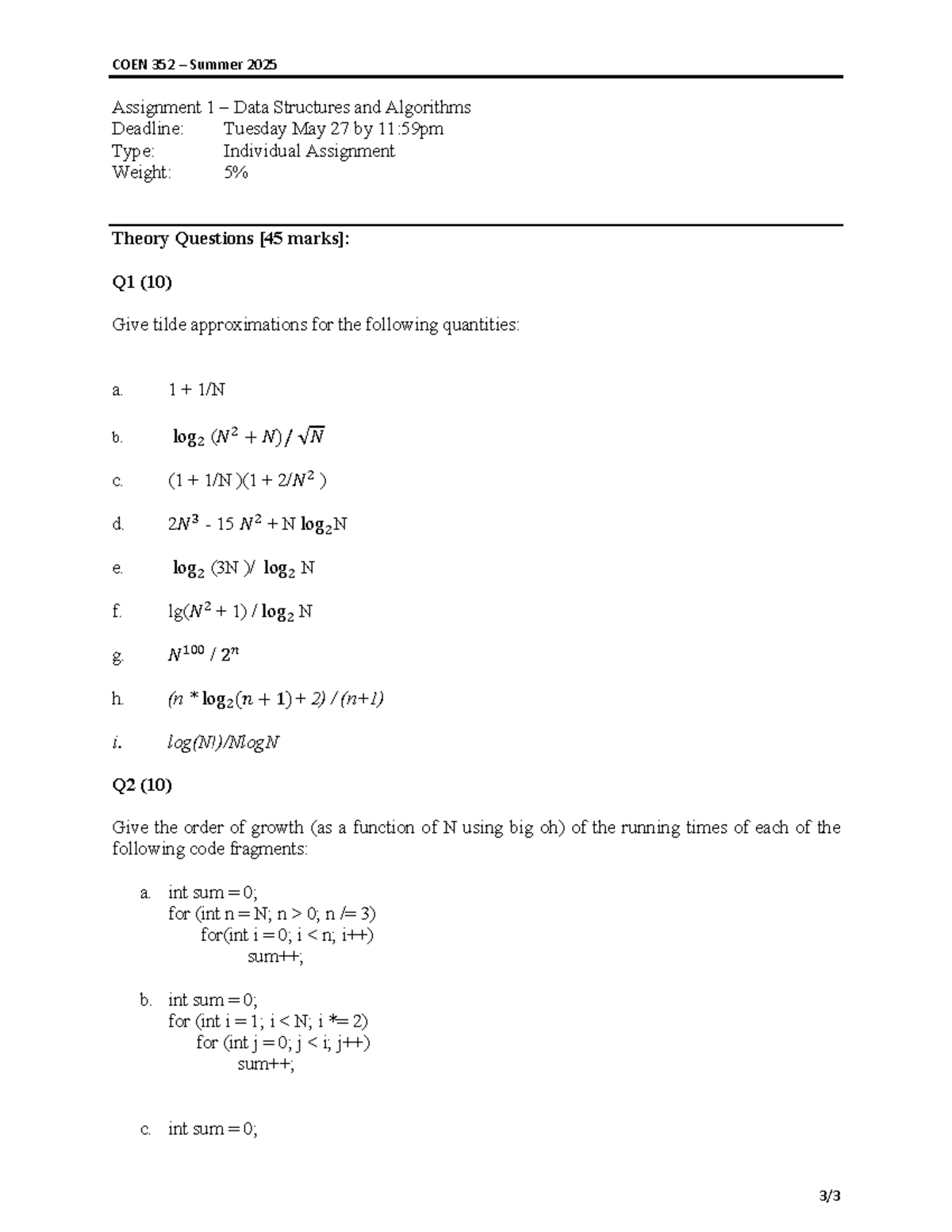 COEN 352 Summer 2025 Assignment 1: Data Structures & Algorithms - Studocu