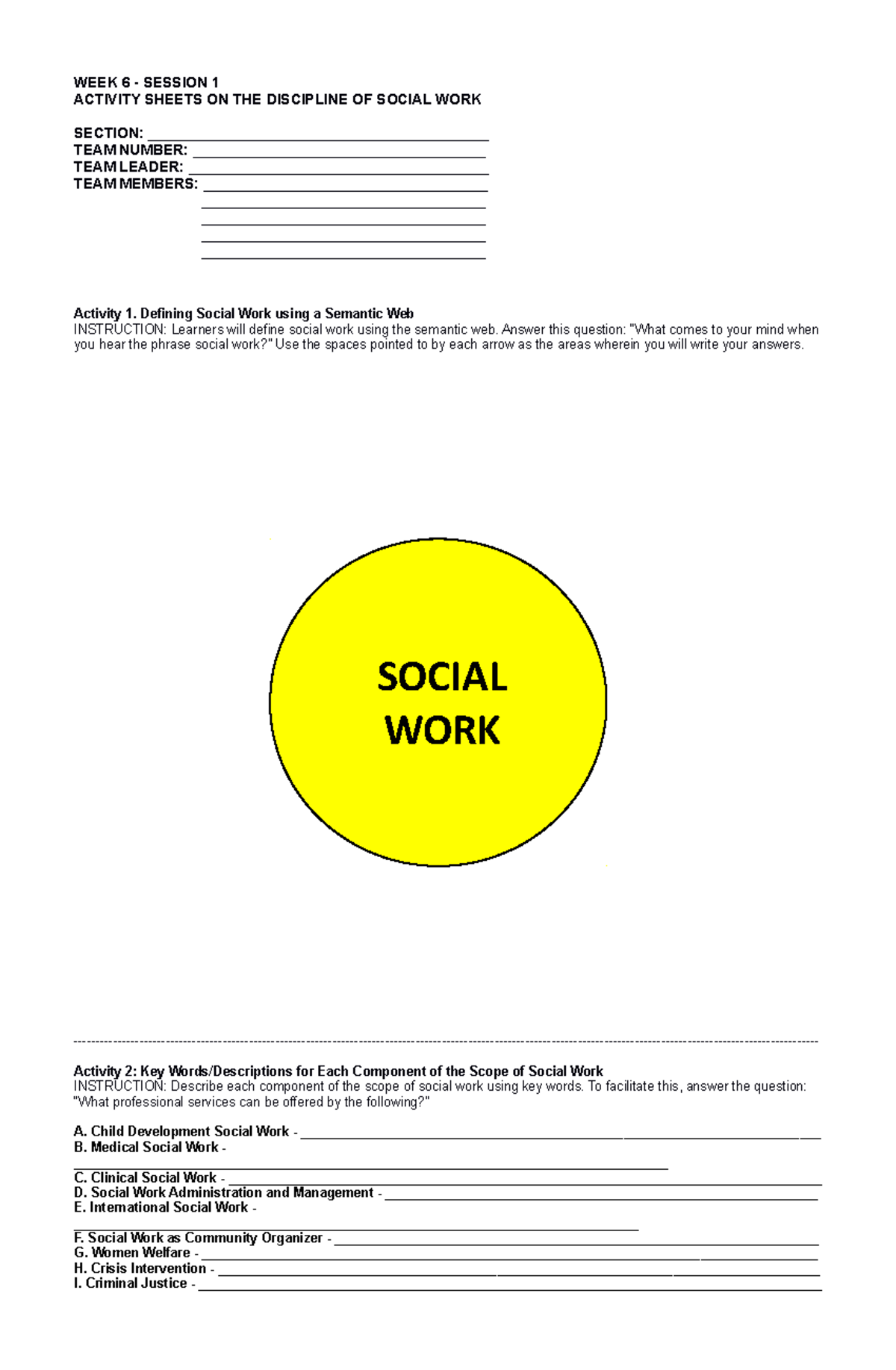 SWK 101 Week 6 Activity Sheets on Social Work Disciplines - Studocu