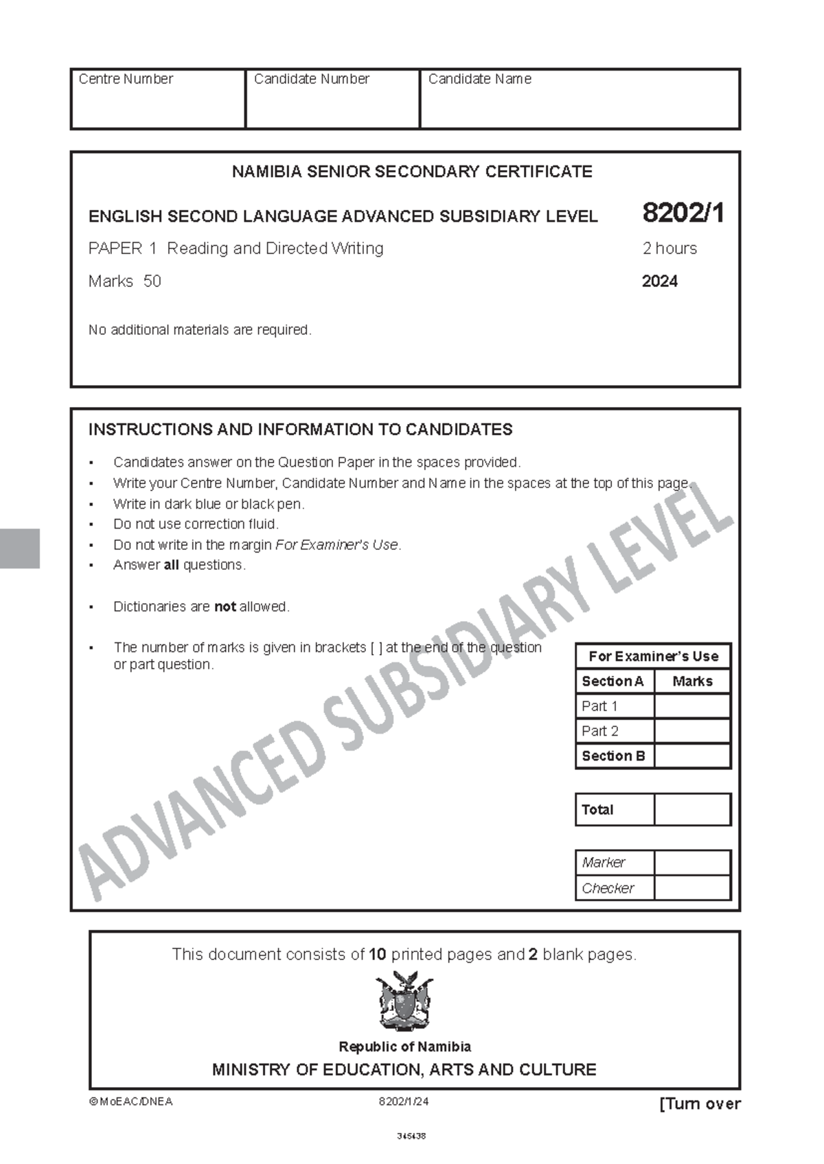 NSSCAS - English Second Language Paper 1 (2024) Exam Guide - Studocu