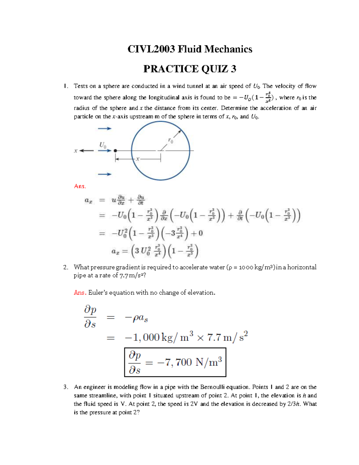 CIVL2003 Fluid Mechanics Practice Quiz 3: Key Concepts and Problems ...