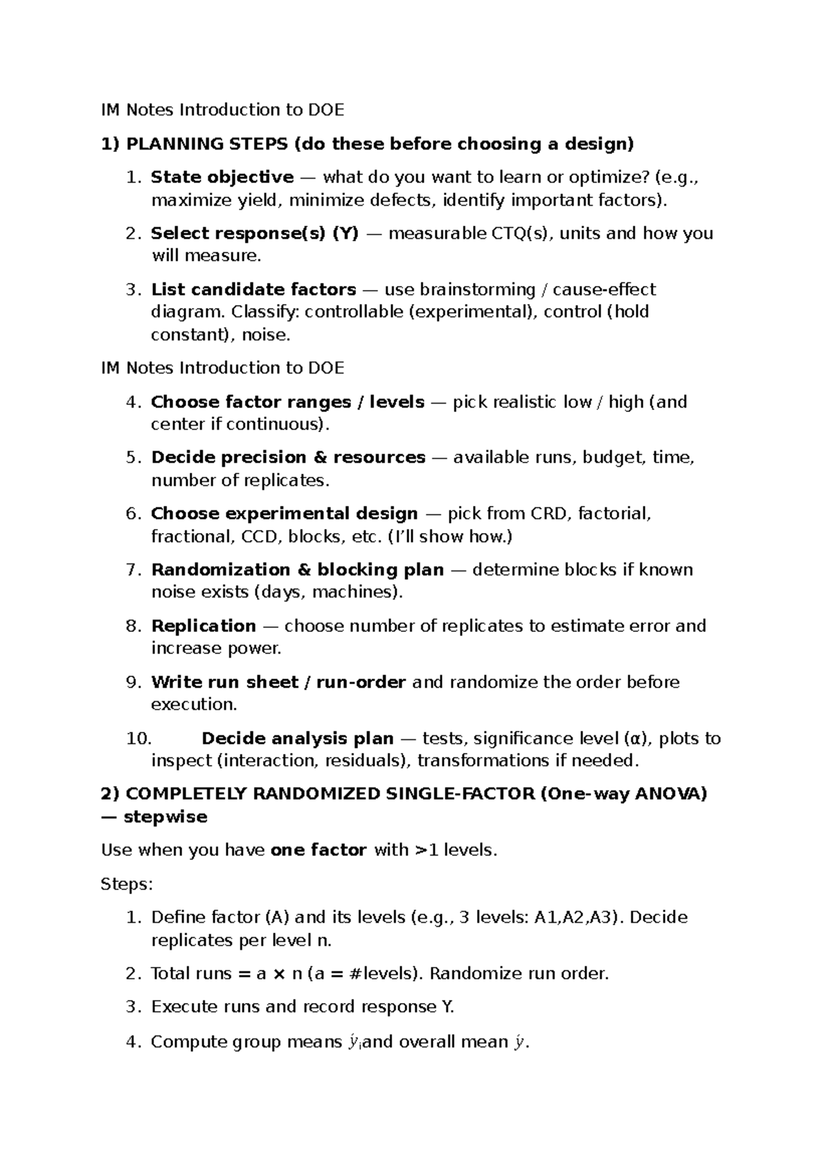 DOE Cheat Sheet: Key Concepts and Steps for Experimental Design - Studocu