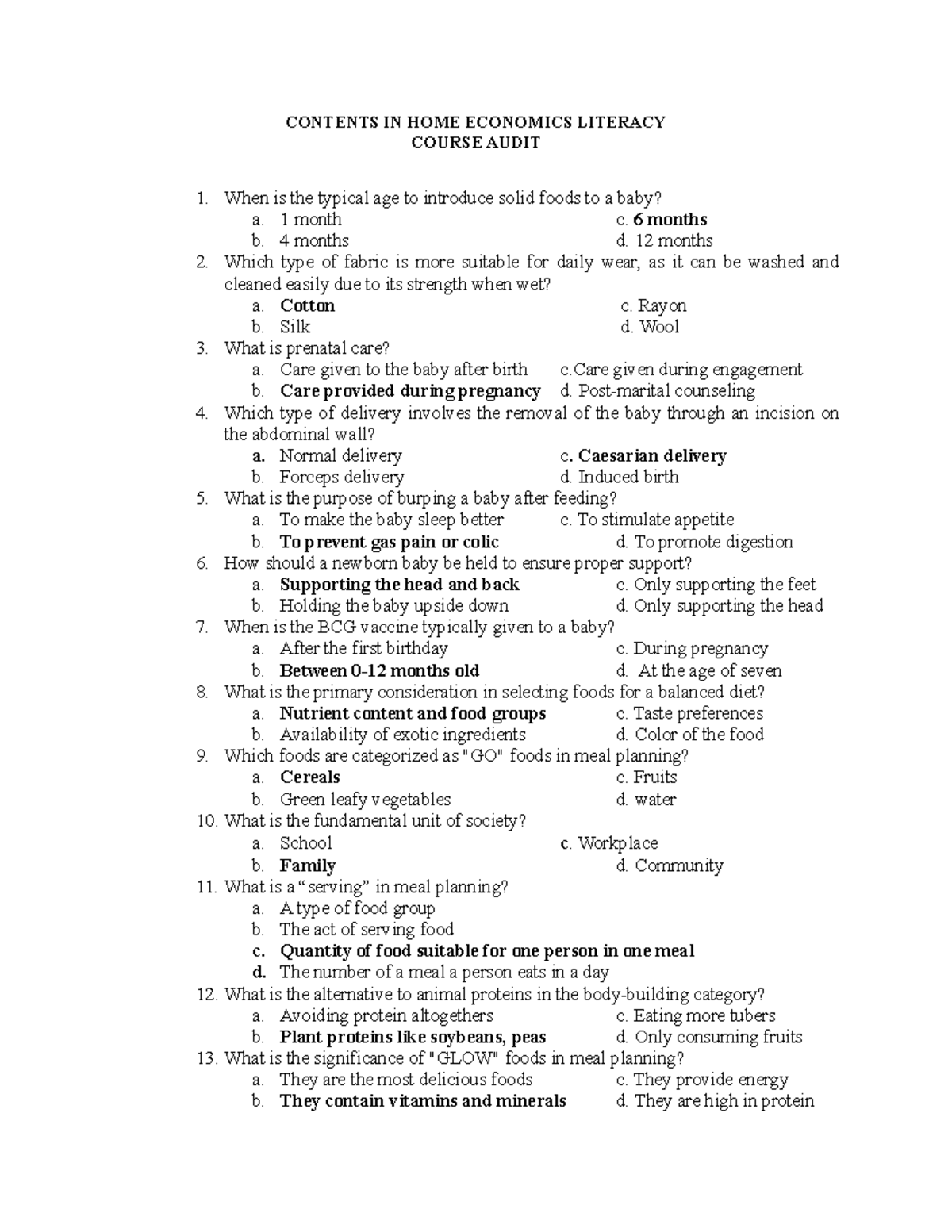 Contents IN HOME Economics Literacy TQ - CONTENTS IN HOME ECONOMICS ...