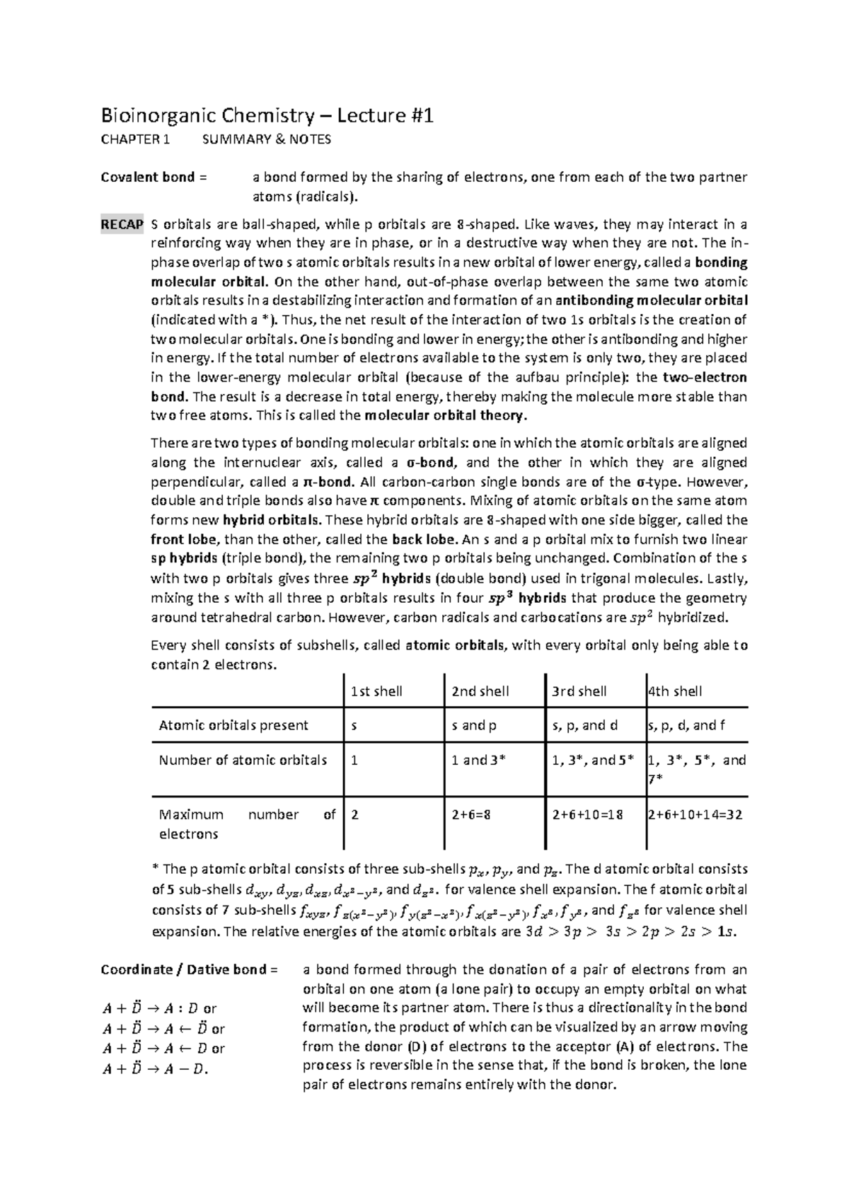 Bioinorganic Chemistry Lecture CHAPTER 1 & 3 SUMMARY NOTES - Studeersnel