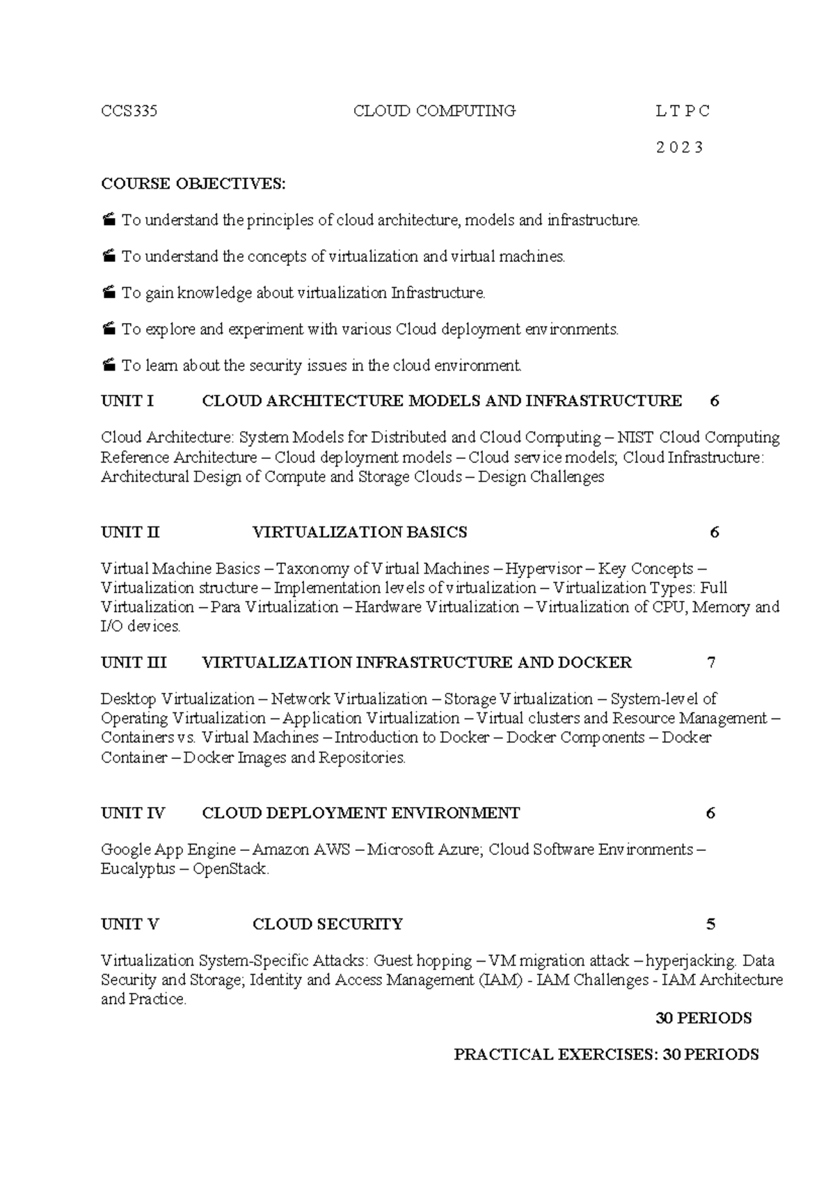 lesson plan for class - CCS335 CLOUD COMPUTING L T P C 2 0 2 3 COURSE ...