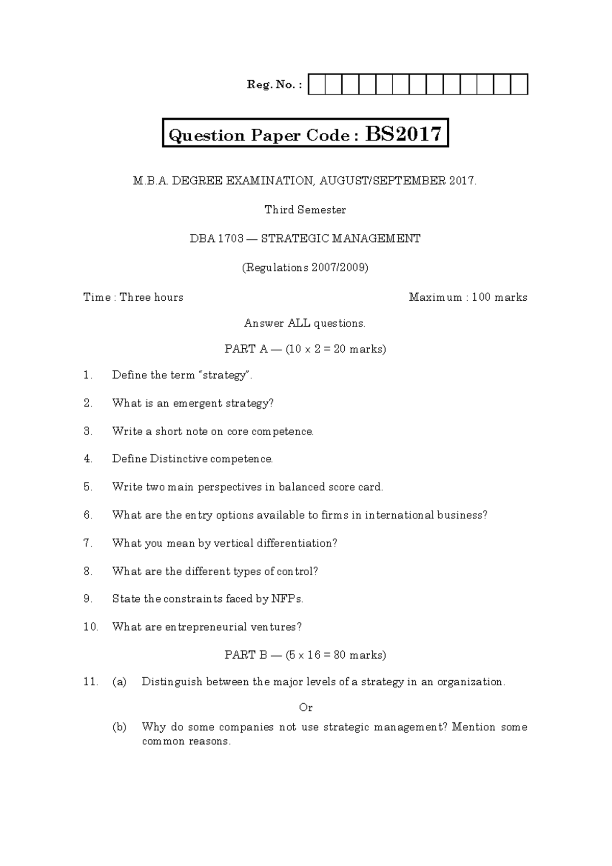 MBA 3rd Sem Notes: Strategic Management Exam Question Paper Guide - Studocu