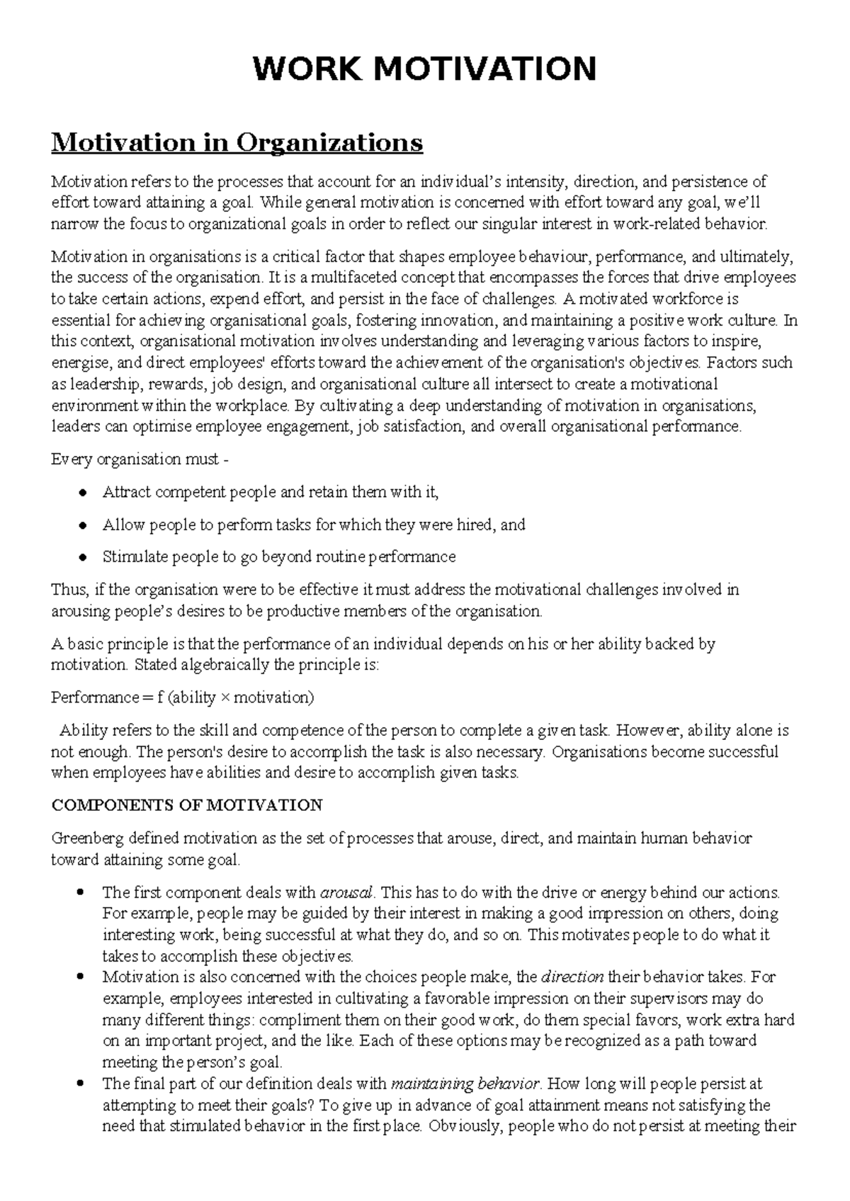 OB 2: WORK Motivation - Comprehensive Notes on Theories & Factors - Studocu