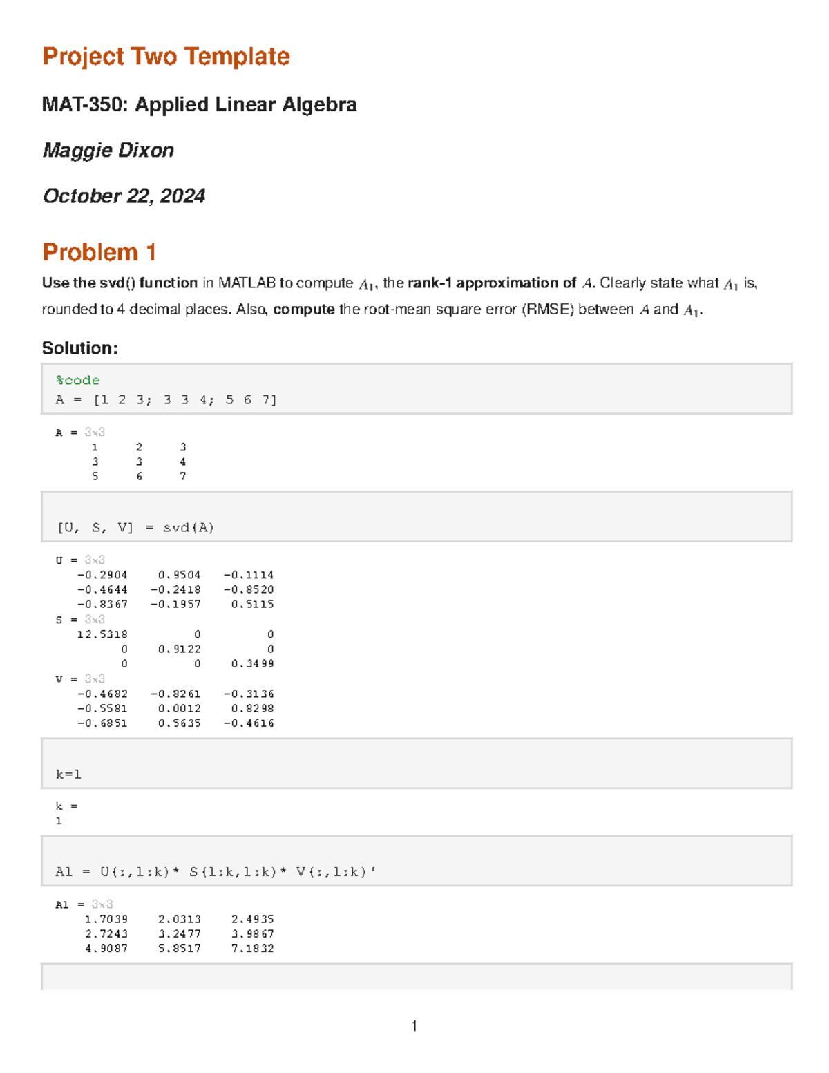 MAT-350: Final Project 2 Report on Rank Approximations in MATLAB - Studocu