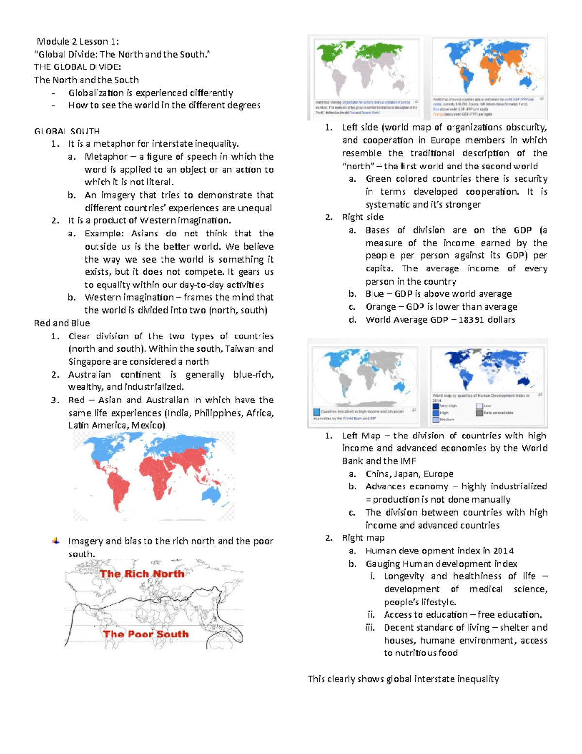 Global Divide: North vs South - Module 2 Lesson 1 Insights - Studocu