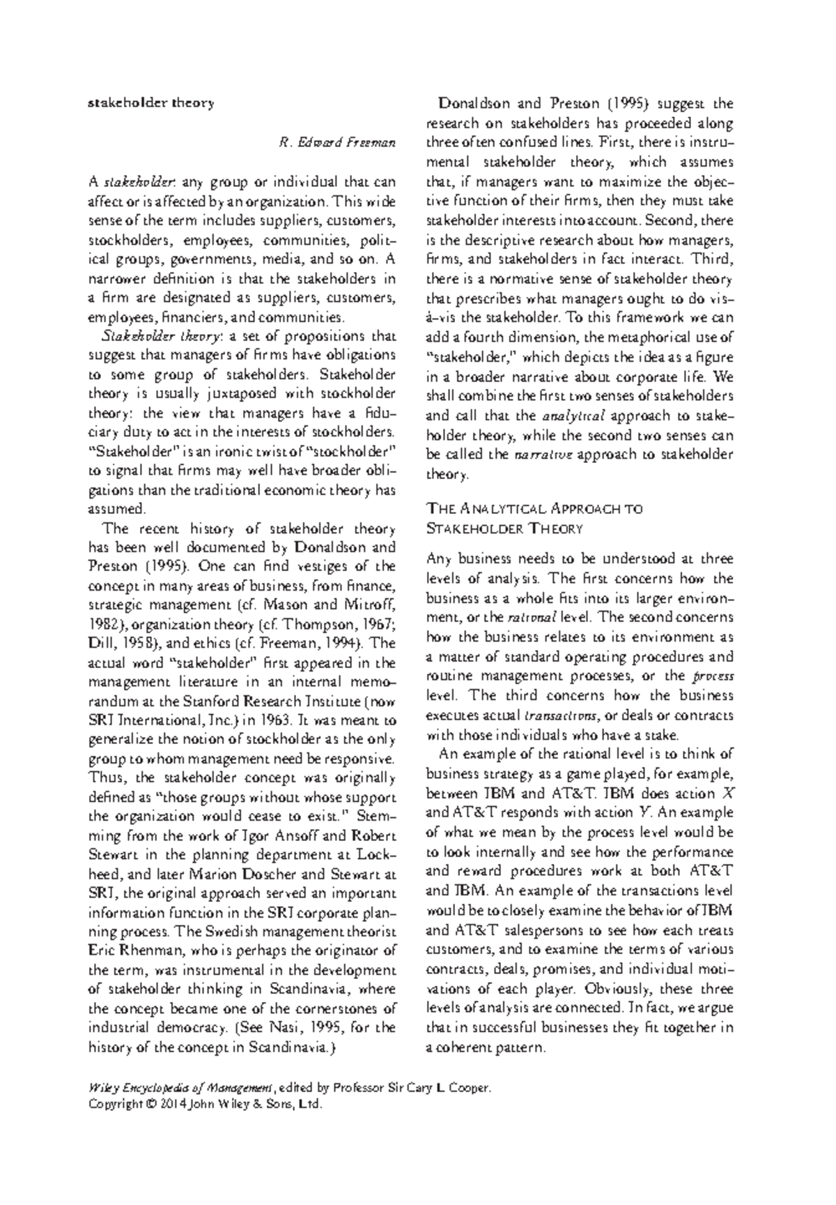 Freeman R Stakeholder theory - R. Edward Freeman A stakeholder : any ...